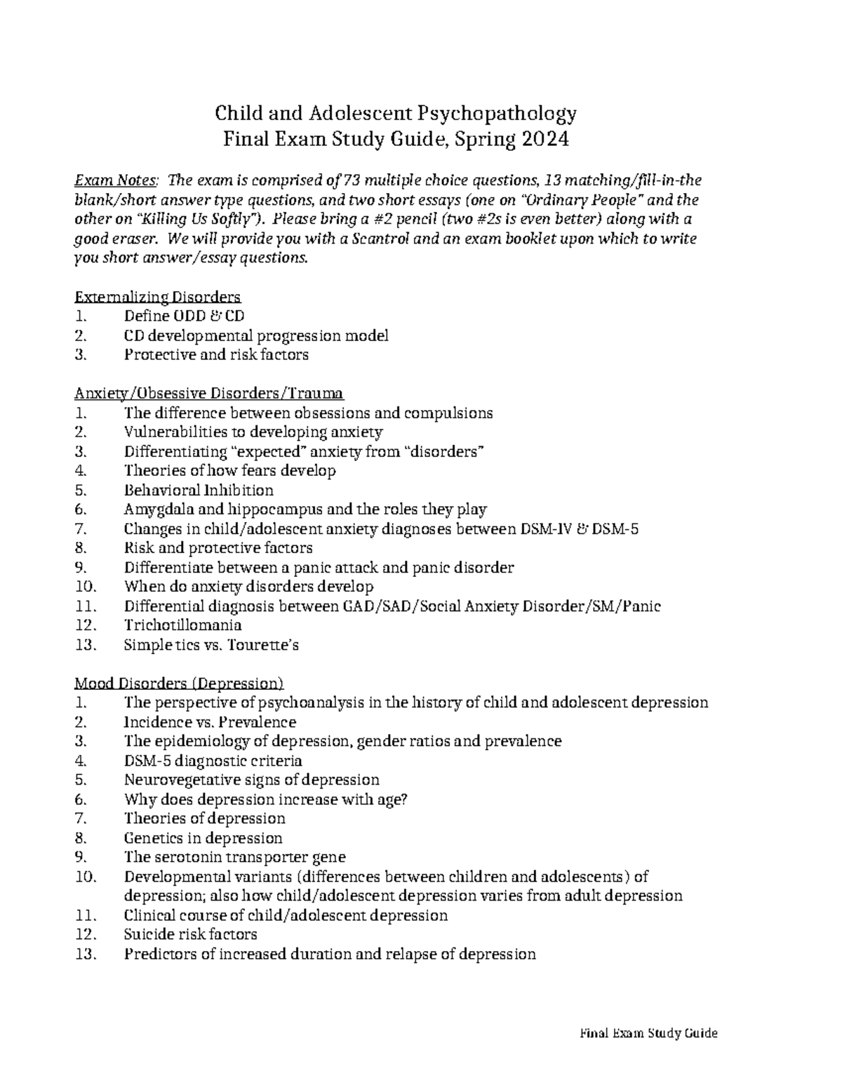 CAP Final Exam Study Guide Spring 2024 - Child and Adolescent ...