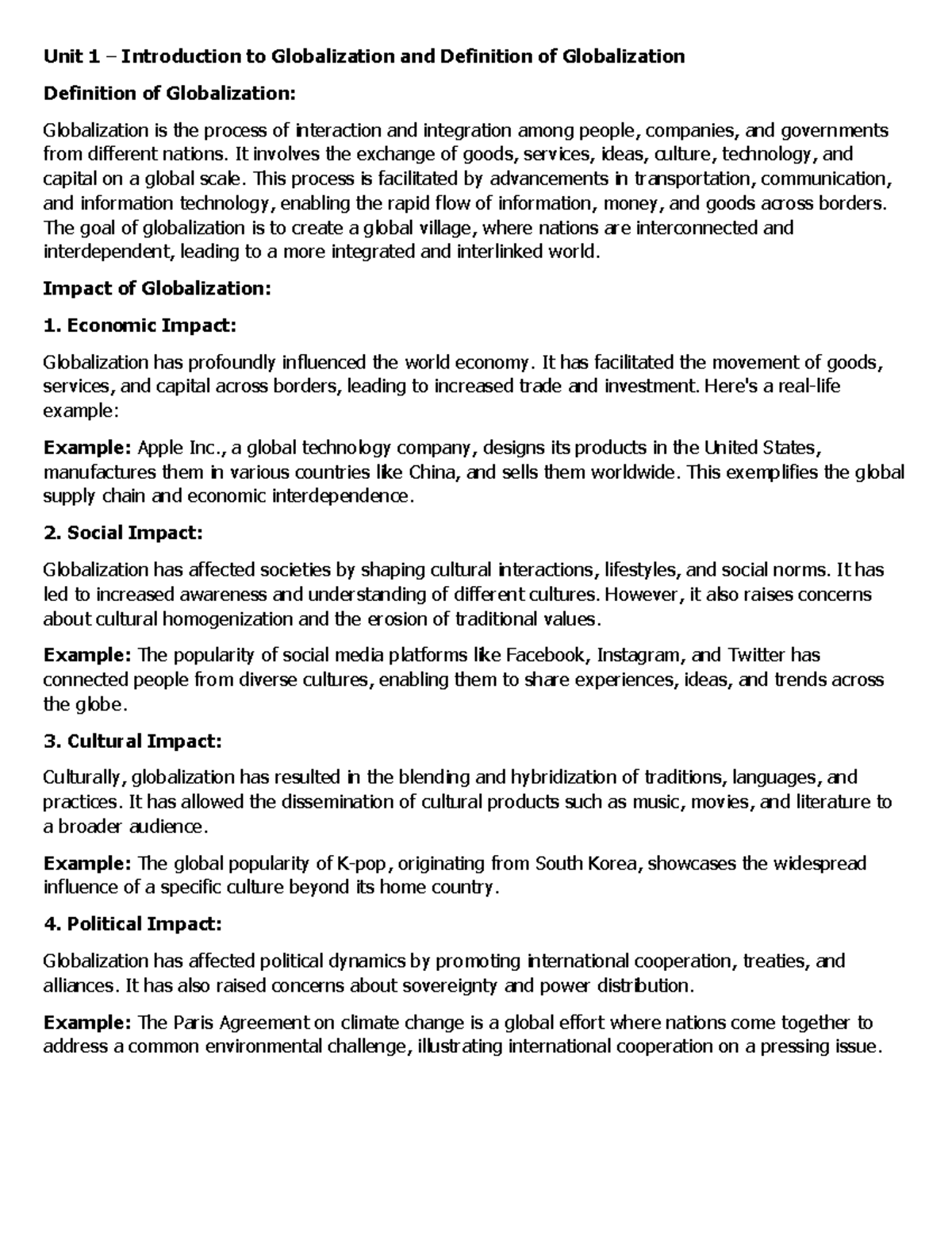 1 - Enhancing your learning - Unit 1 – Introduction to Globalization ...
