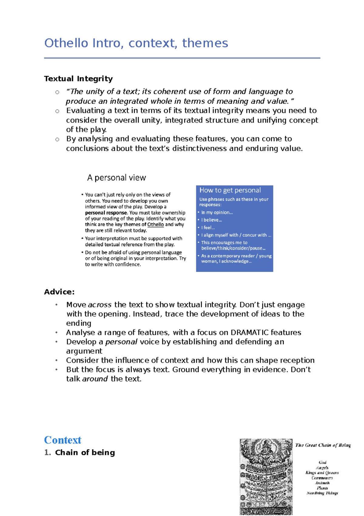 Intro to Othello - Othello Intro, context, themes Textual Integrity o ...