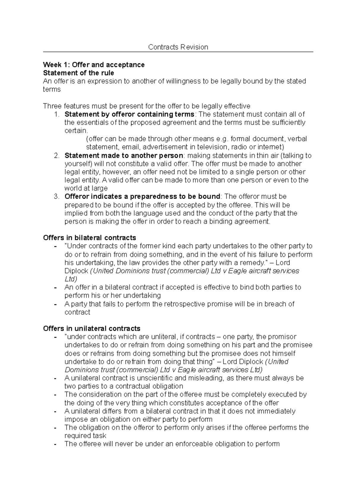 Contracts Revision - Lecture notes 1-12 - Contracts Revision Week 1 ...
