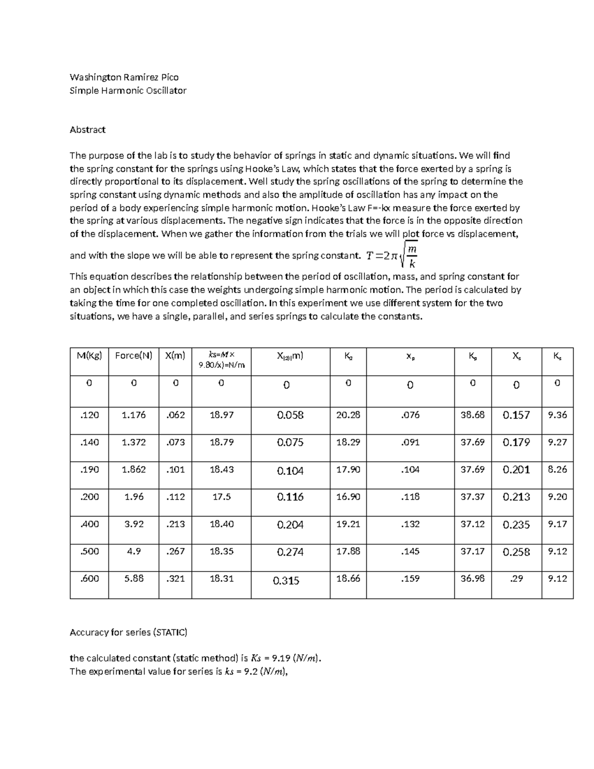 Lab Harmonic hw 2 - !st lab for physics 2 - Washington Ramirez Pico ...