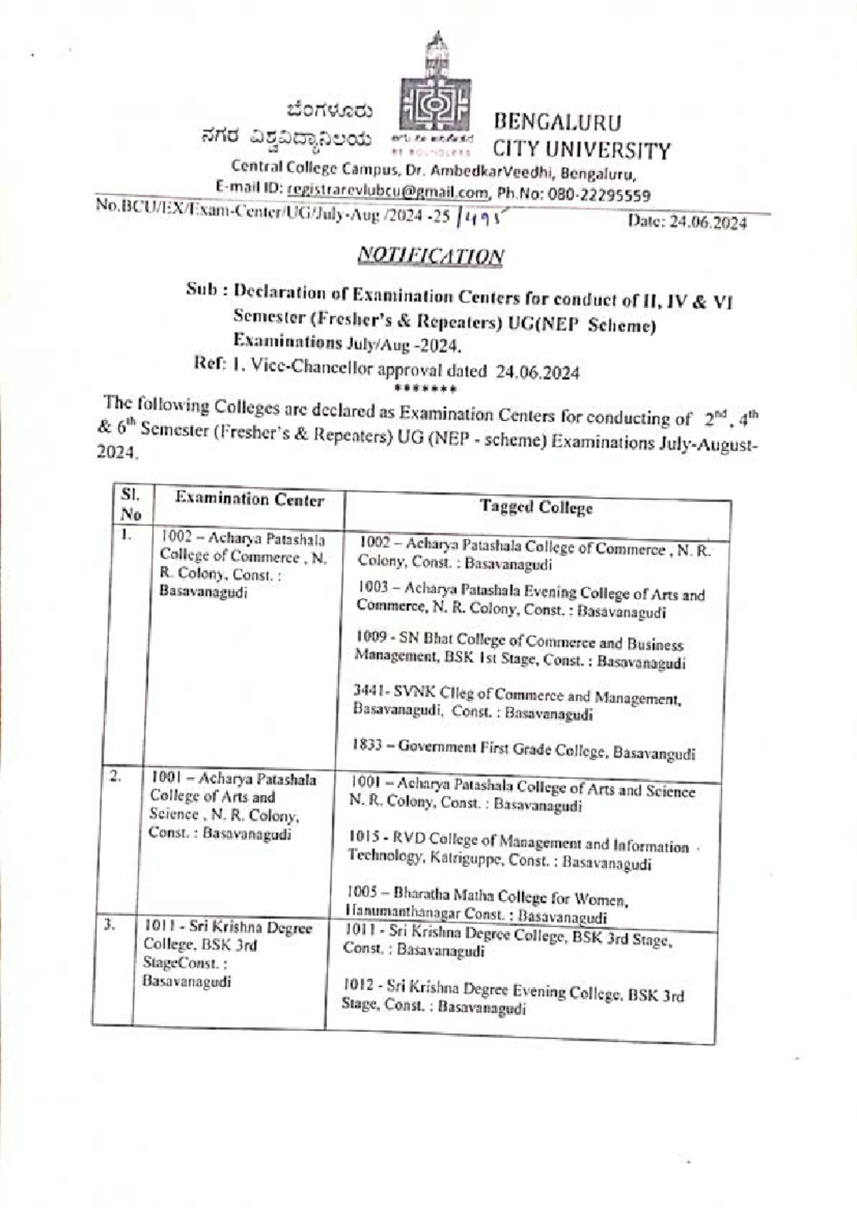 Declaration of Exam Center for 2nd, 4th and 6th Sem UG (NEP Scheme ...