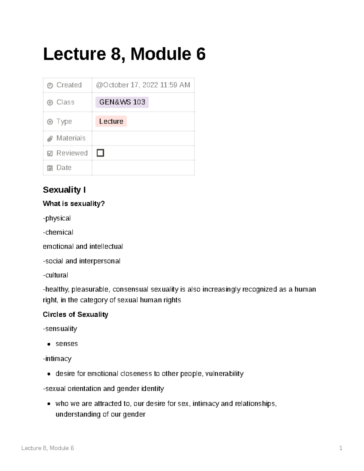Lecture 8 Module 6 - Notes about women's bodies, health, sexuality, and ...