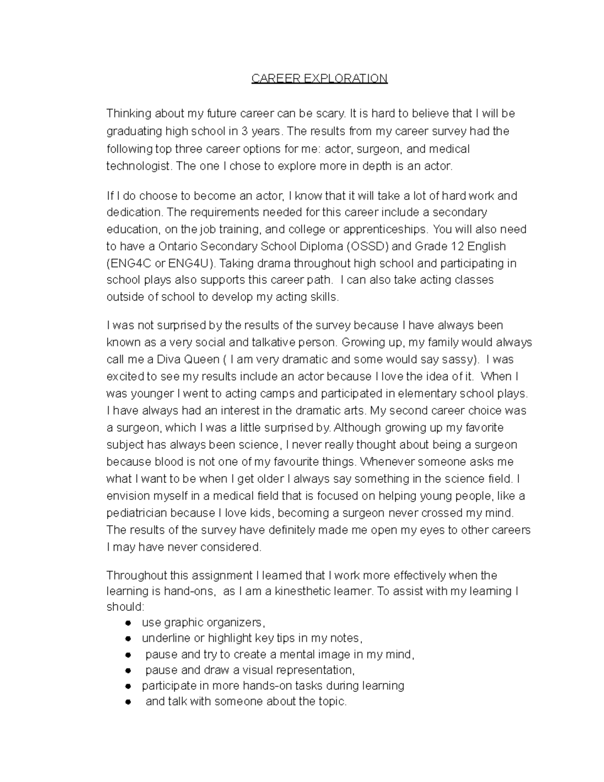 Career Assignment - sgdgdgf dfdf - CAREER EXPLORATION Thinking about my ...