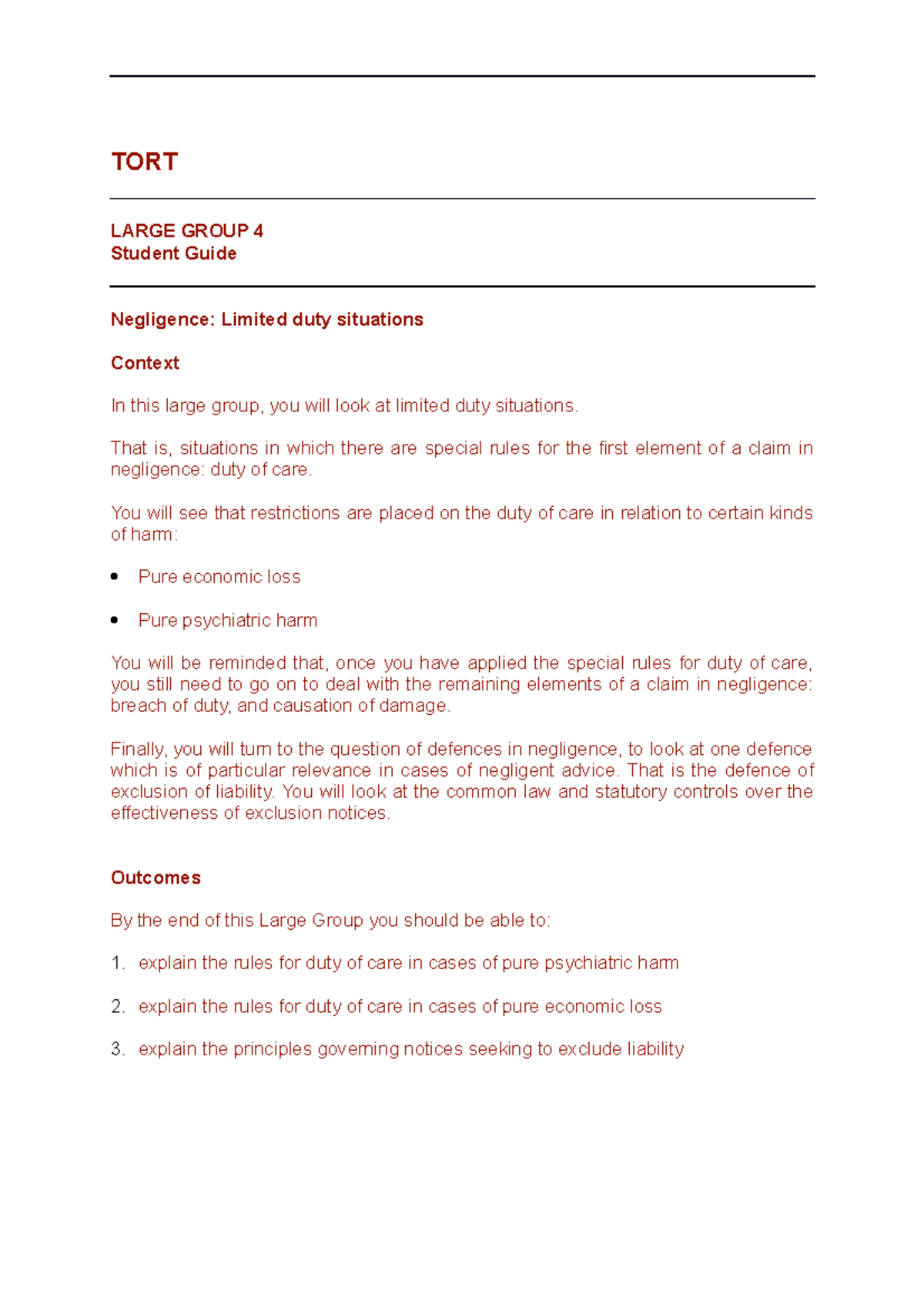 TORT LG 4 Notes - Negligence: Limited duty situations - TORT LARGE ...