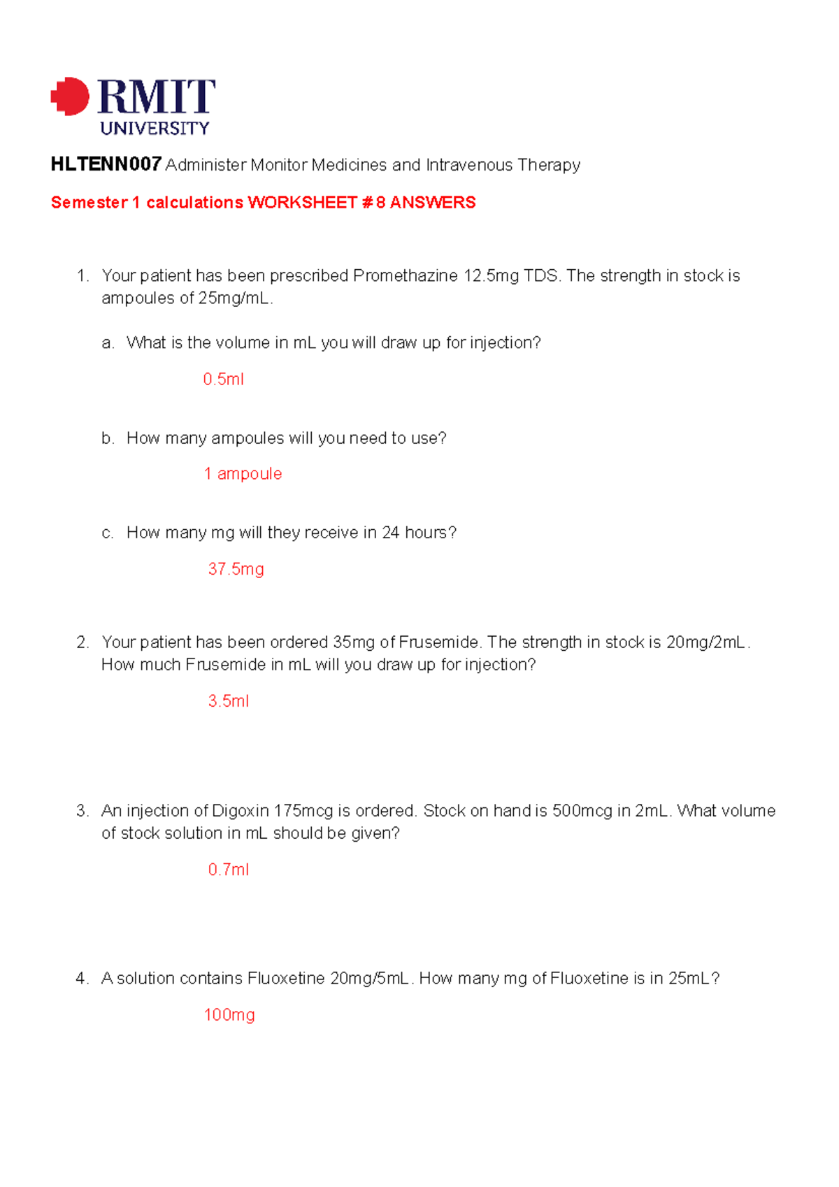 Medication Calculation Worksheet - HLTENN007 Administer Monitor ...