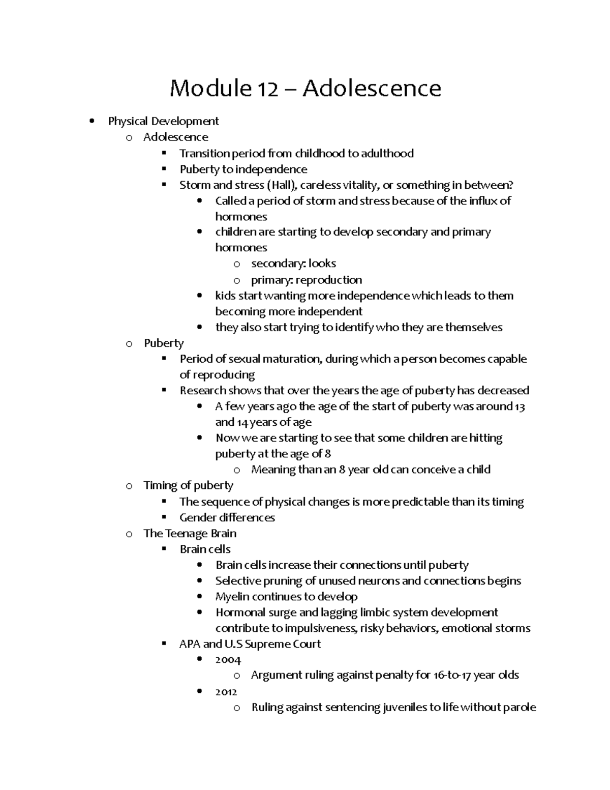 PSY1002 - Module 12 Notes - Module 12 – Adolescence Physical ...