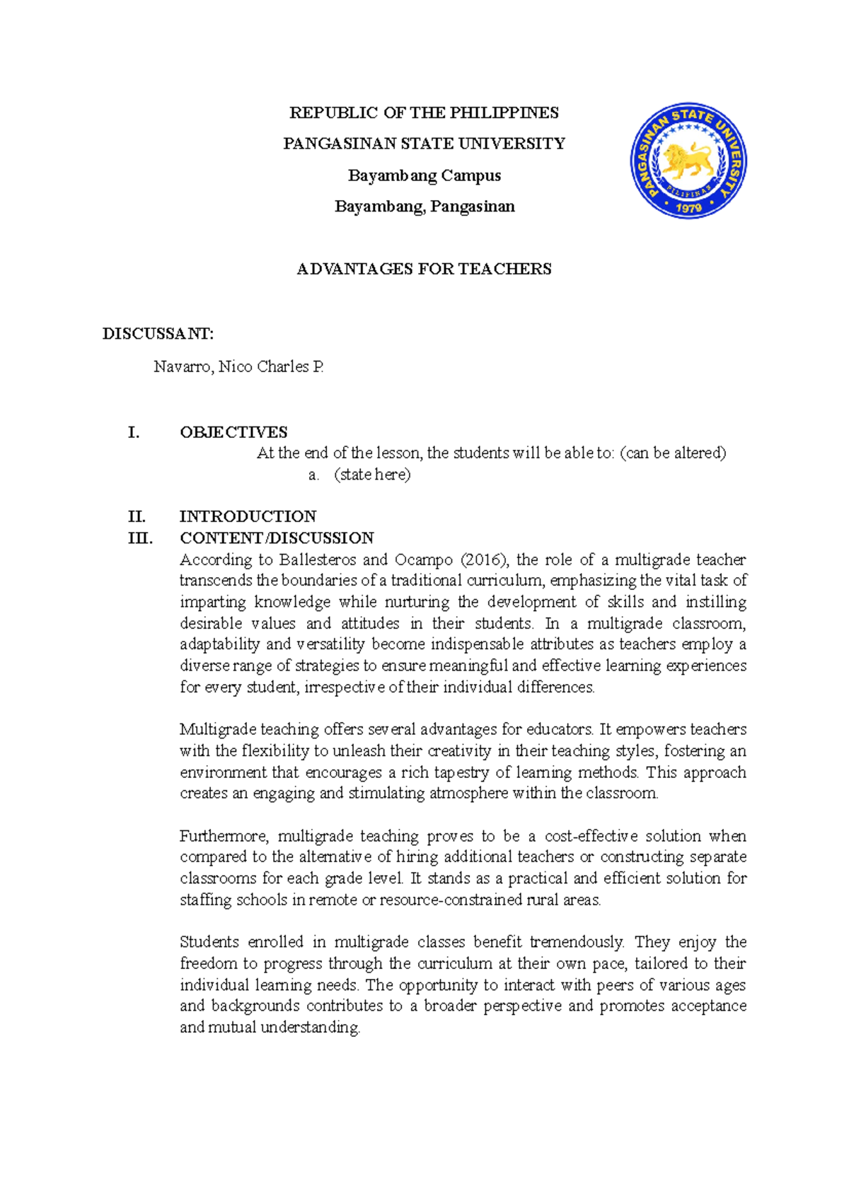 Written Report Teaching Multigrade Classes Navarro - REPUBLIC OF THE ...