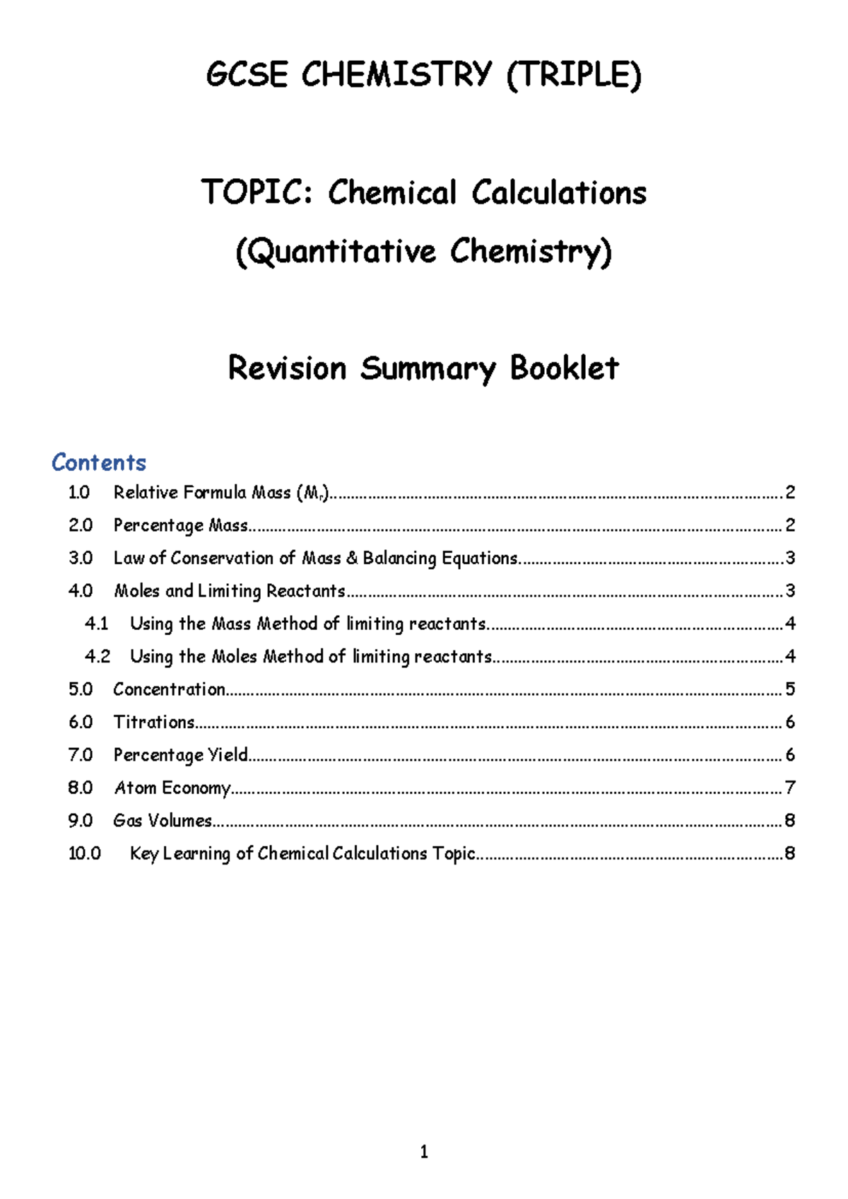 Paper 1 - C4 Chemical Calculations (Triple) Revision Booklet - GCSE ...