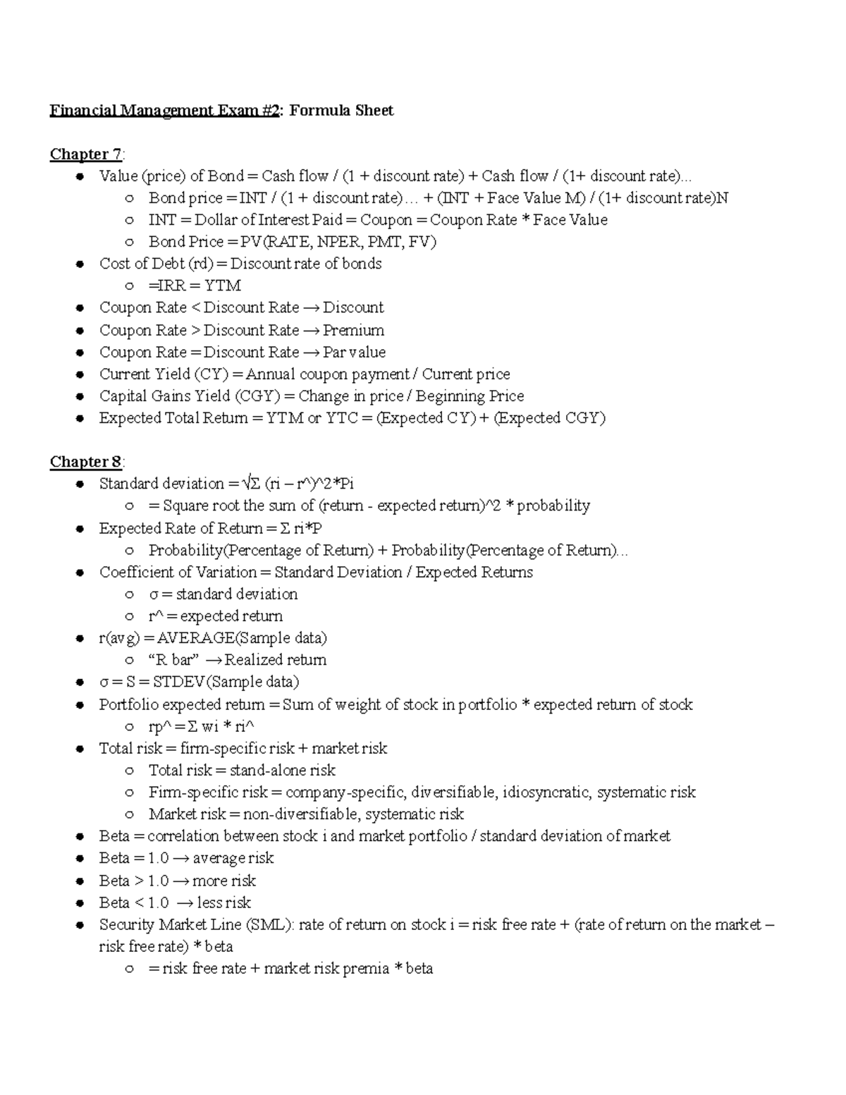 Financial Management Exam #2 Formula Sheet - .. Bond price = INT / (1 ...