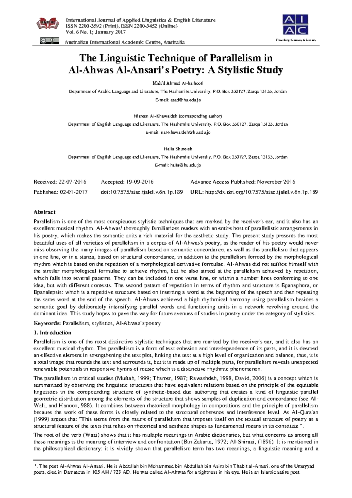 The Linguistic Technique of Parallelism in Al-Ahwa - International ...
