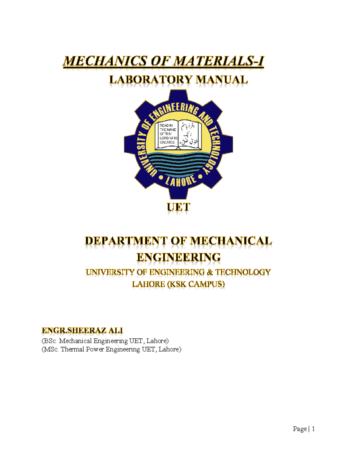 MOM-I Manual-1 - (BSc. Mechanical Engineering UET, Lahore) (MSc. Thermal Power Engineering UET ...