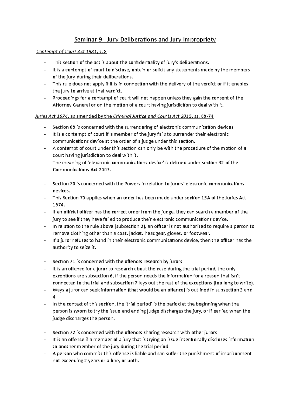 Jury Deliberations and Jury Impropriety Seminar - Seminar 9- Jury Deliberations and Jury ...