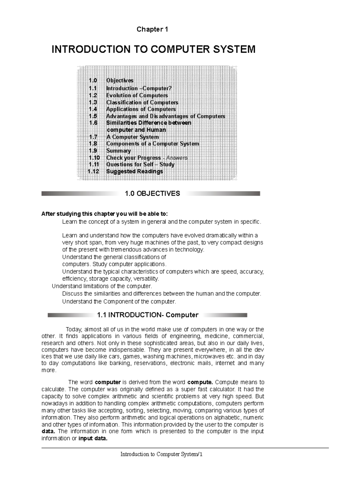 BCA-121 Computer system - Chapter 1 INTRODUCTION TO COMPUTER SYSTEM 1 ...