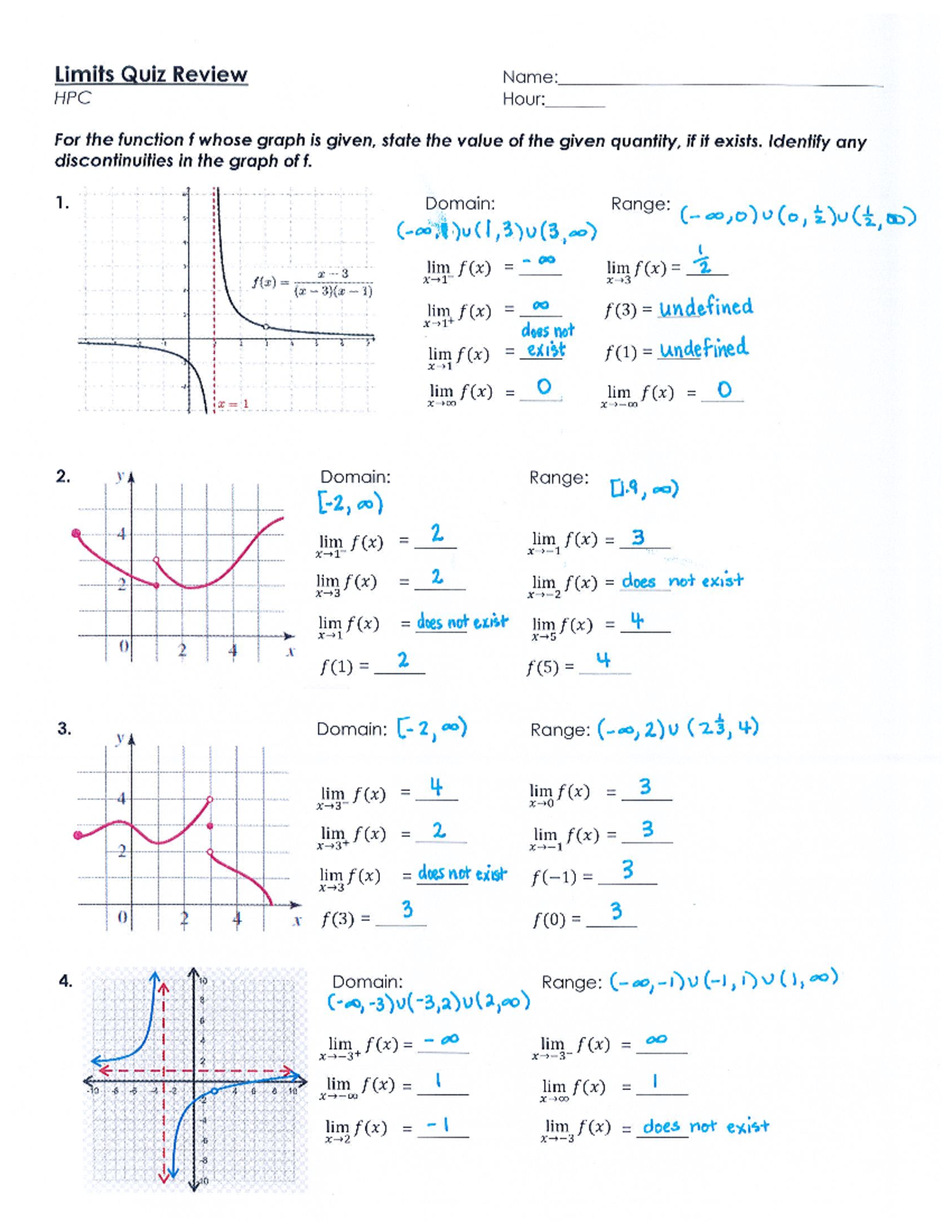 Limits Quiz Re VIEW Solution KEY - Limits Quiz Review Name: HPC Hour ...