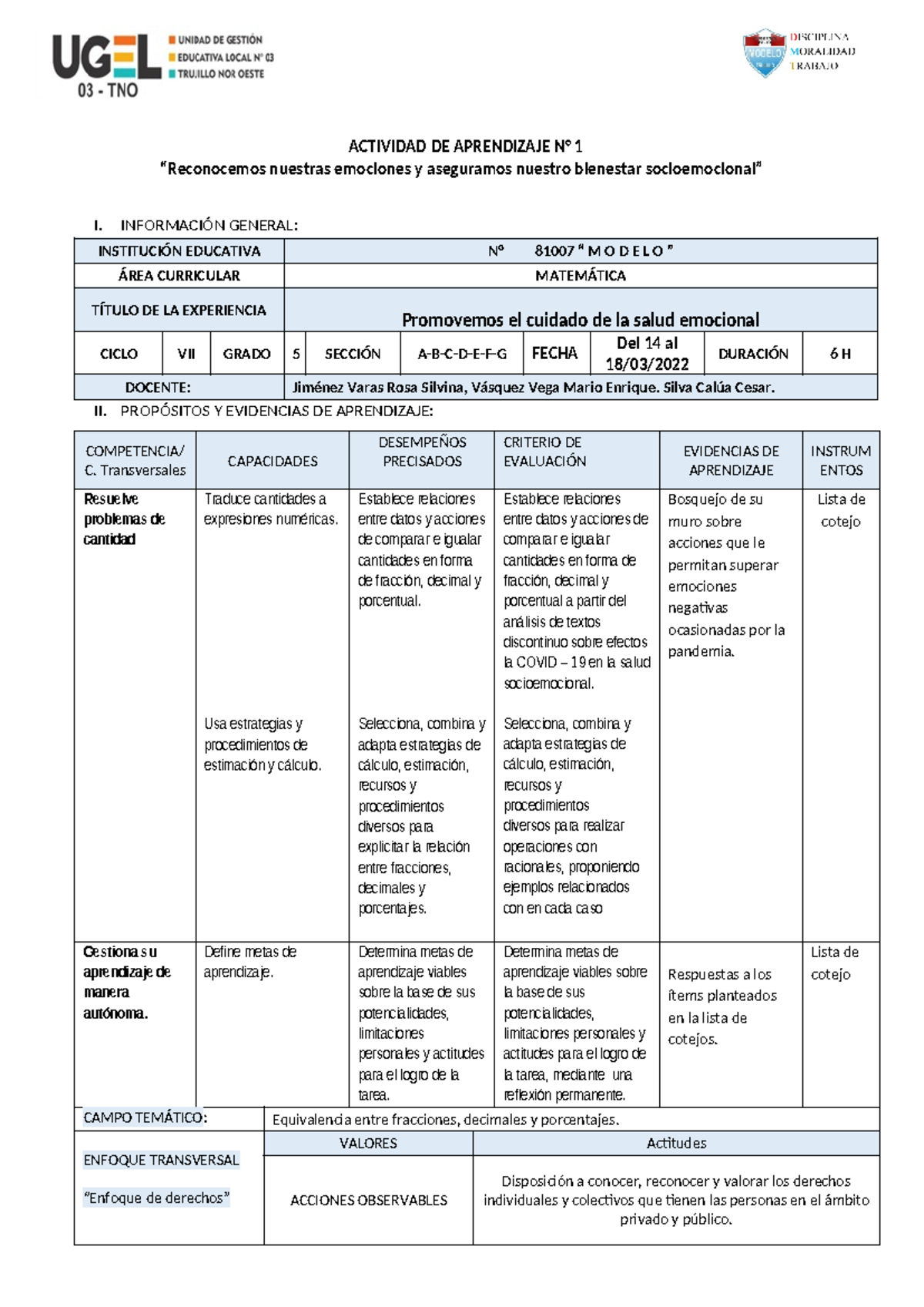 5TO - E1 - Actividad DE Aprendizaje 01 - ACTIVIDAD DE APRENDIZAJE N° 1 “Reconocemos nuestras ...