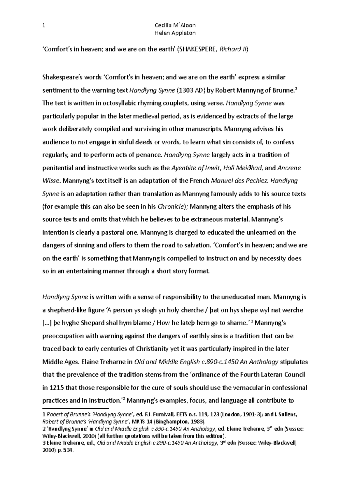 Hillary Handlyng Synne, Advice and Warning essay - Helen Appleton ...