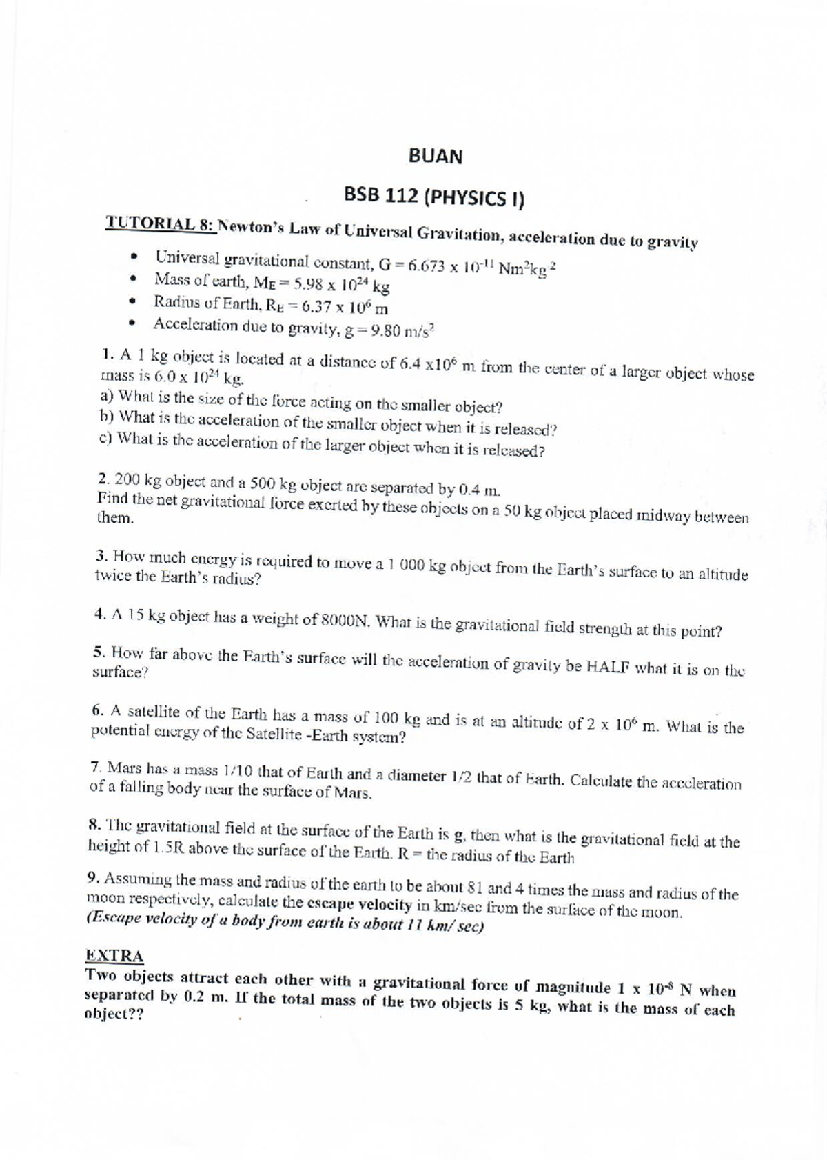 Tutorial 8 + solution - BUAN BSB 112 (PHYSICS I) TUTORIAL 8: Law of ...