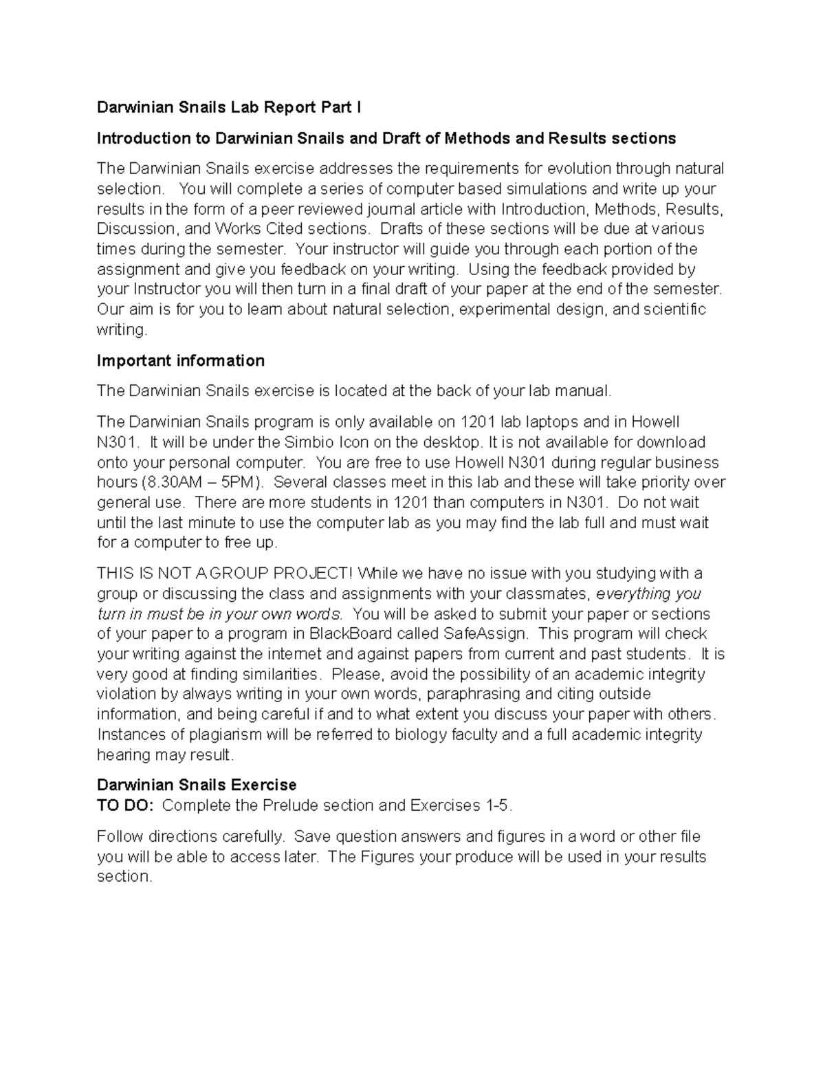 Darwinian Snails Paper Part I - Darwinian Snails Lab Report Part I ...