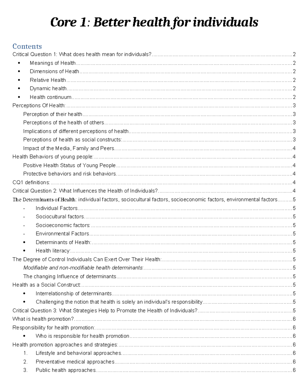 Core 1 notes - Core 1: Better health for individuals Critical Question ...