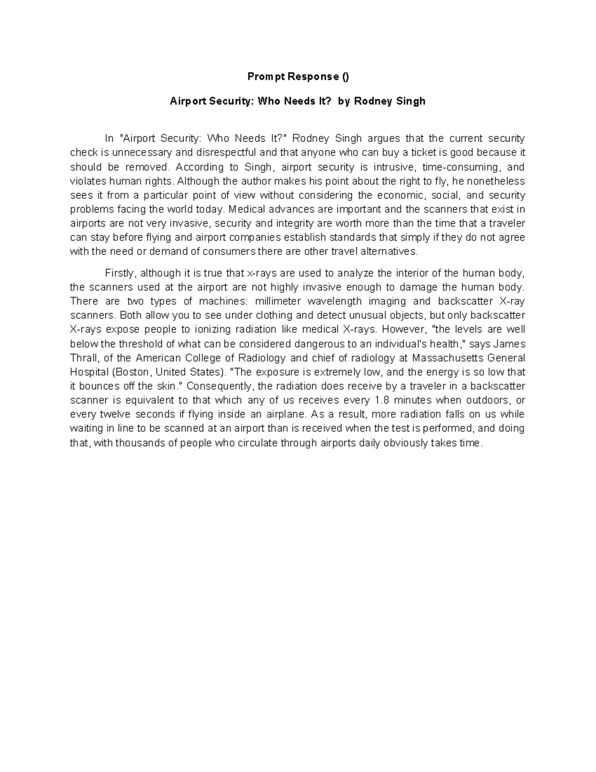 Prompt Response 2 - lecture - Prompt Response () Airport Security: Who ...