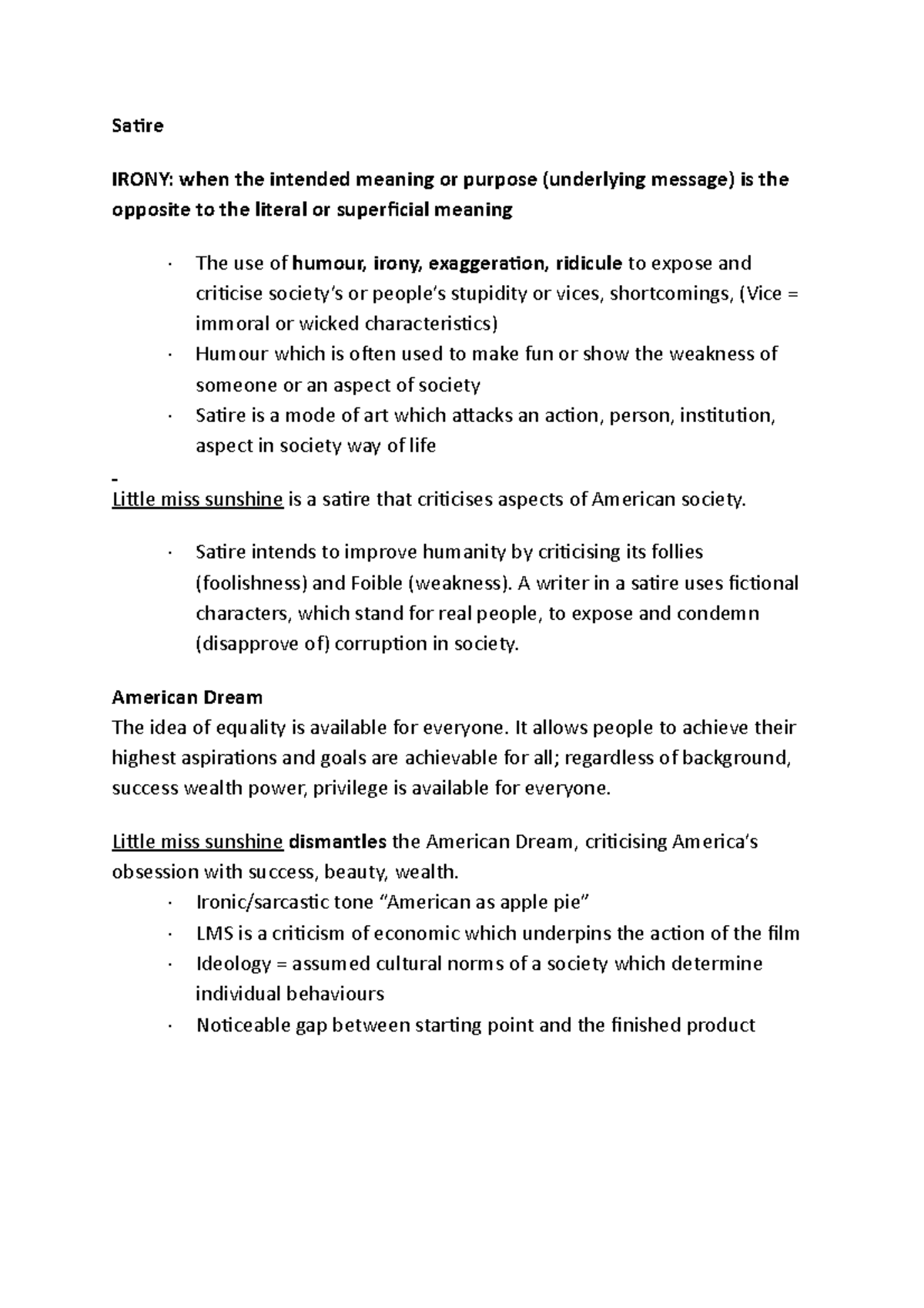 Scene analysis - Notes - Satire IRONY: when the intended meaning or ...