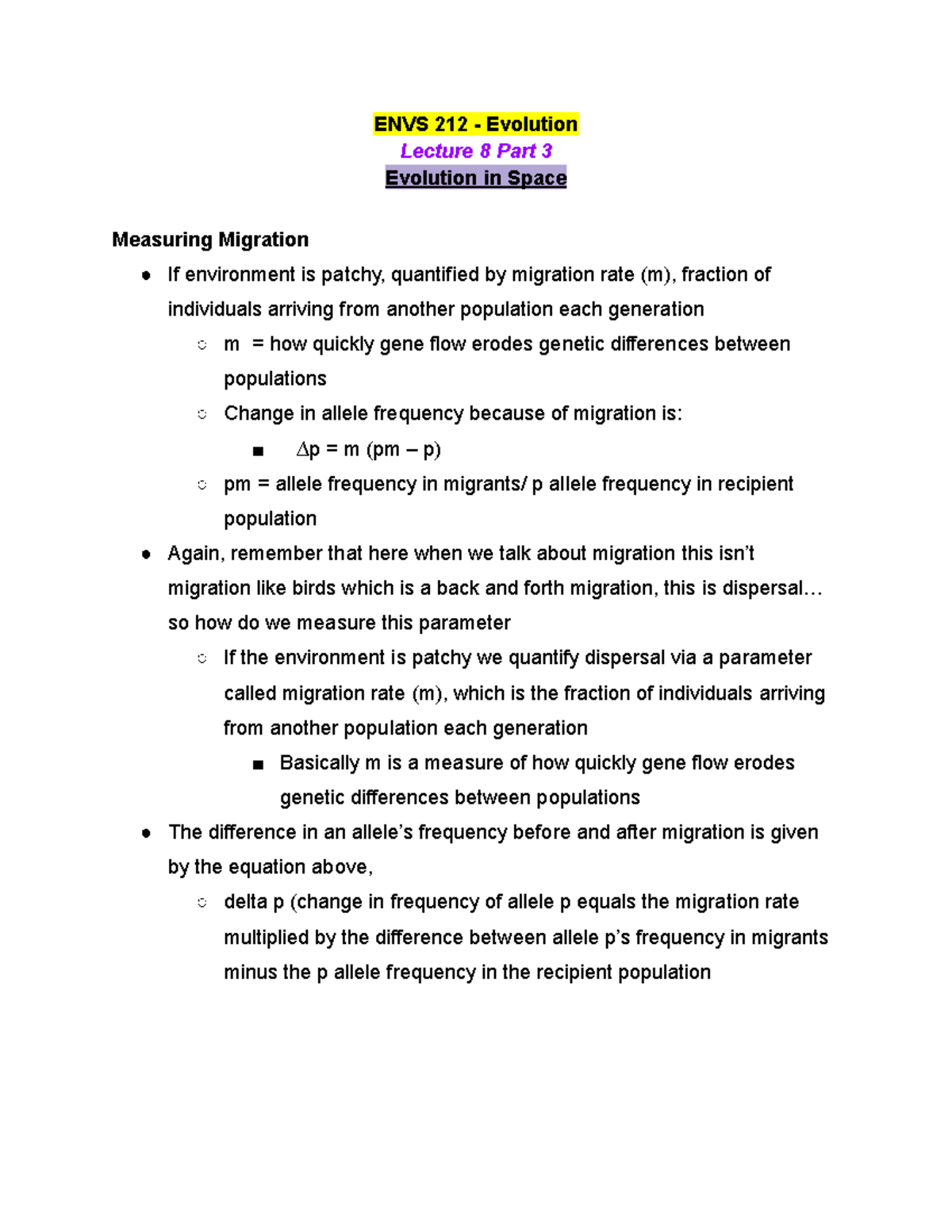 ENVS 212 Lecture 8 Part 3 - Spring 2020 - ENVS 212 - Evolution Lecture 8 Part 3 Evolution in ...