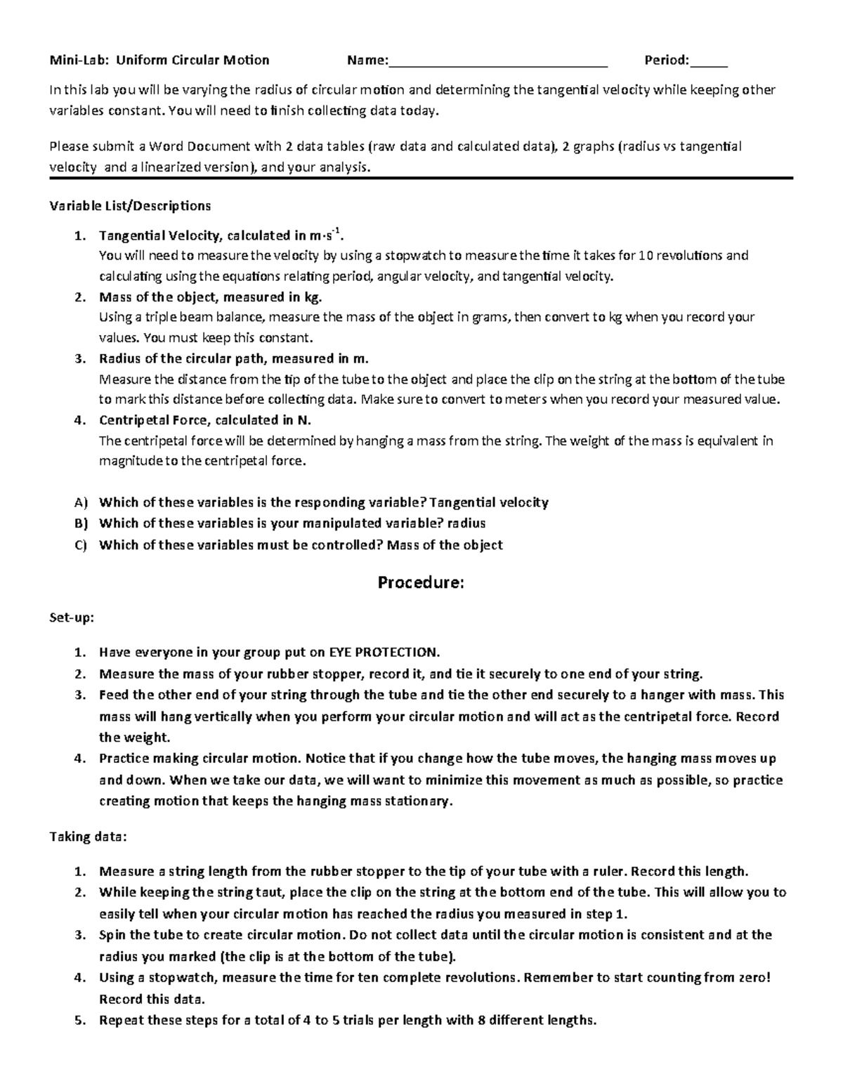 UCM radiuslab-7d339b-0018b7 - Mini-Lab: Uniform Circular Motion Name