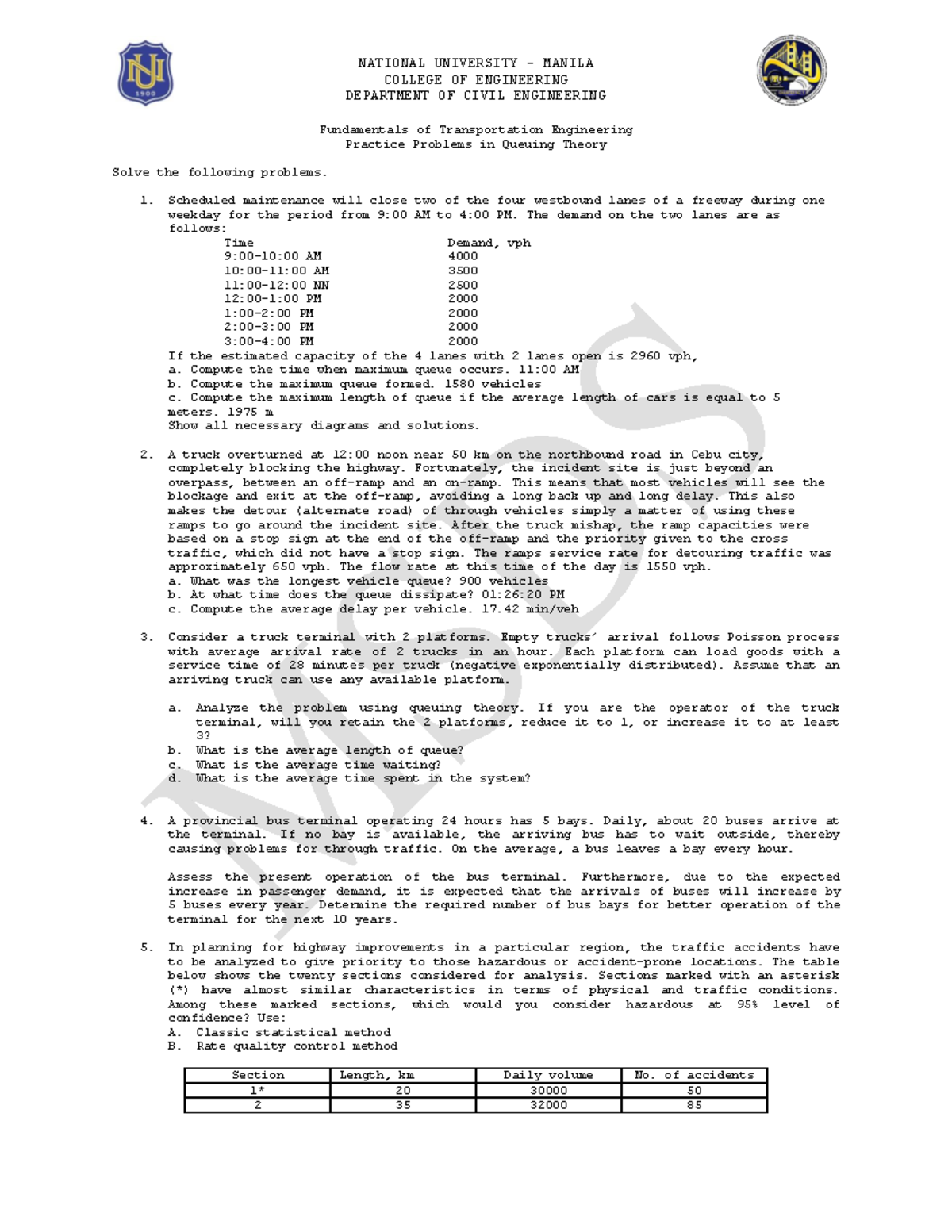 Practice problems in Queueing Theory, Traffic Accident Analysis-1 - NATIONAL UNIVERSITY – MANILA ...