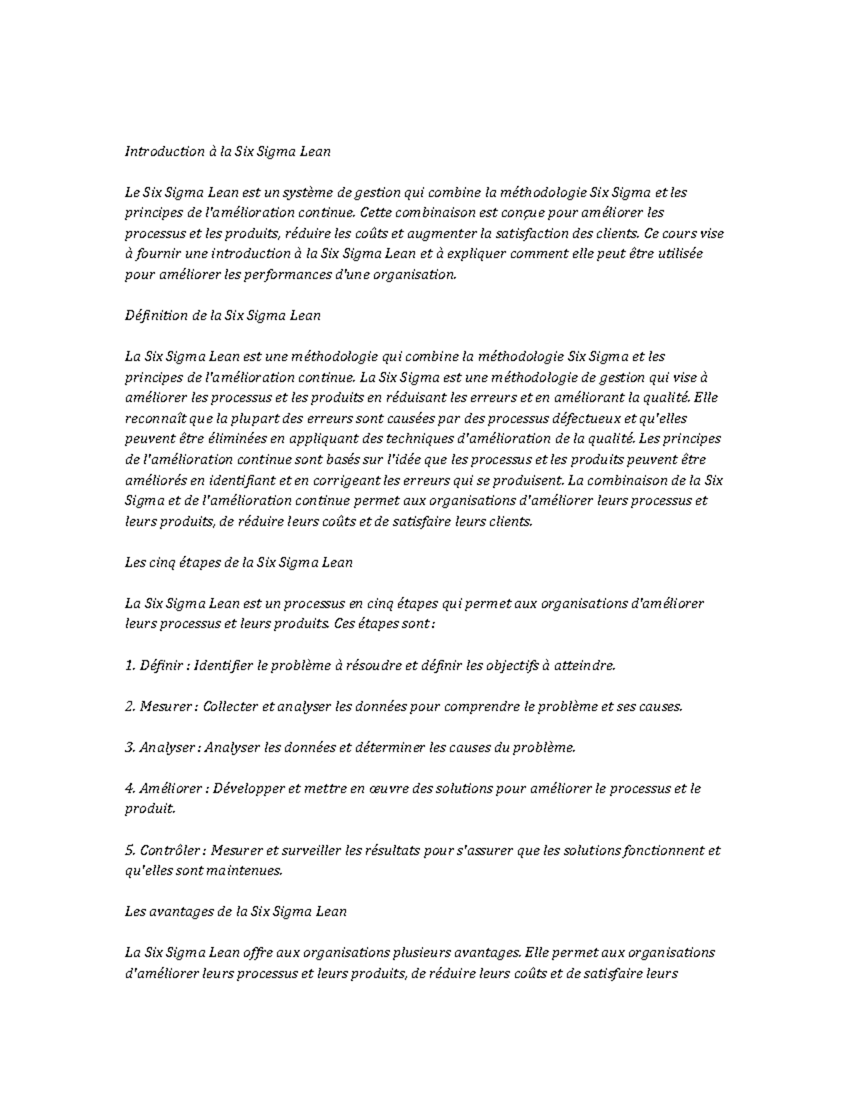 Lean Six Sigma note study - Introduction à la Six Sigma Lean Le Six ...