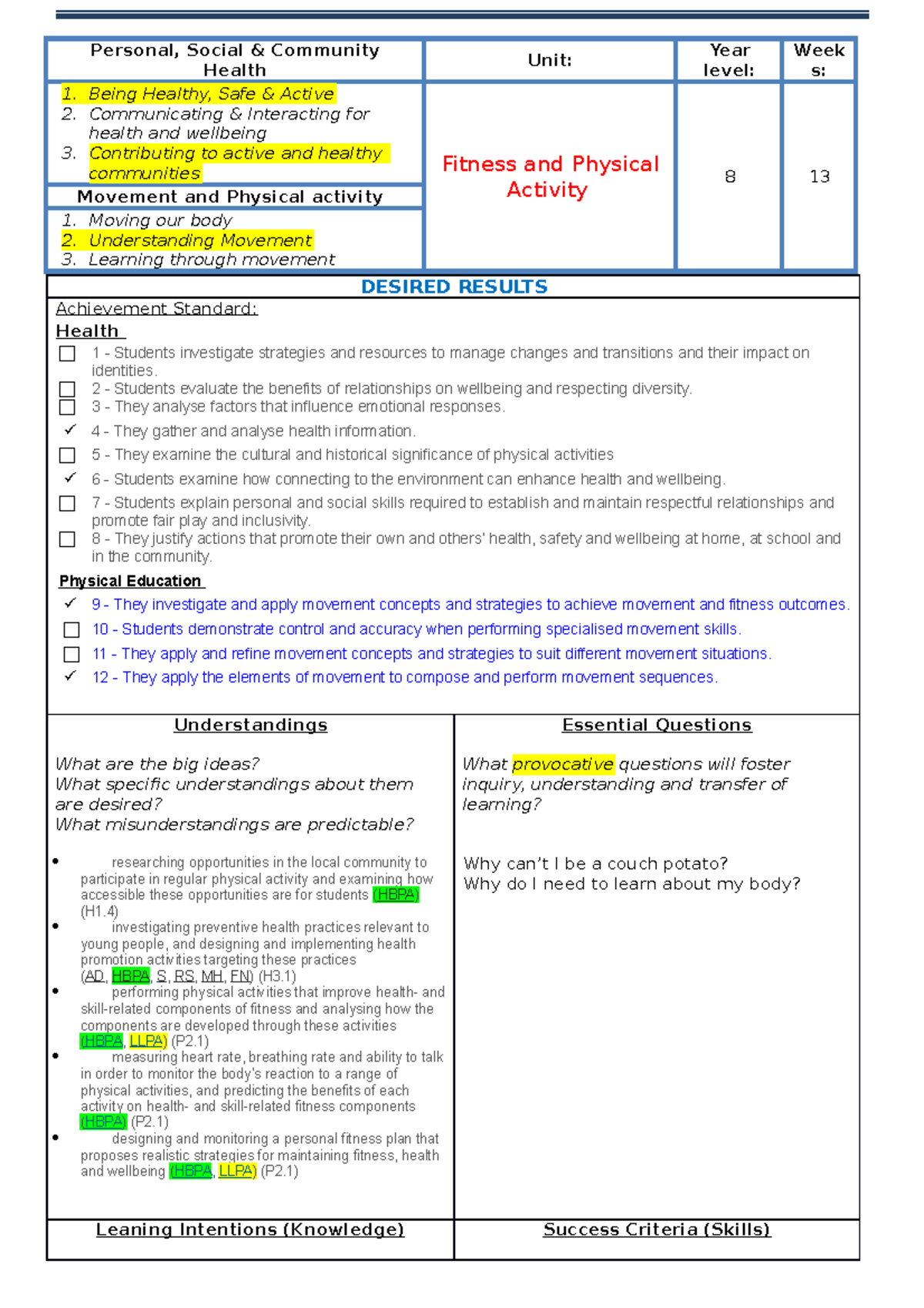 Unit plan Template - Year 7 and 8 - Personal, Social & Community Health ...