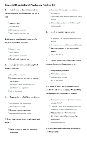 Industrial Organizational Psychology - 50-items Diagnostic Exam ...
