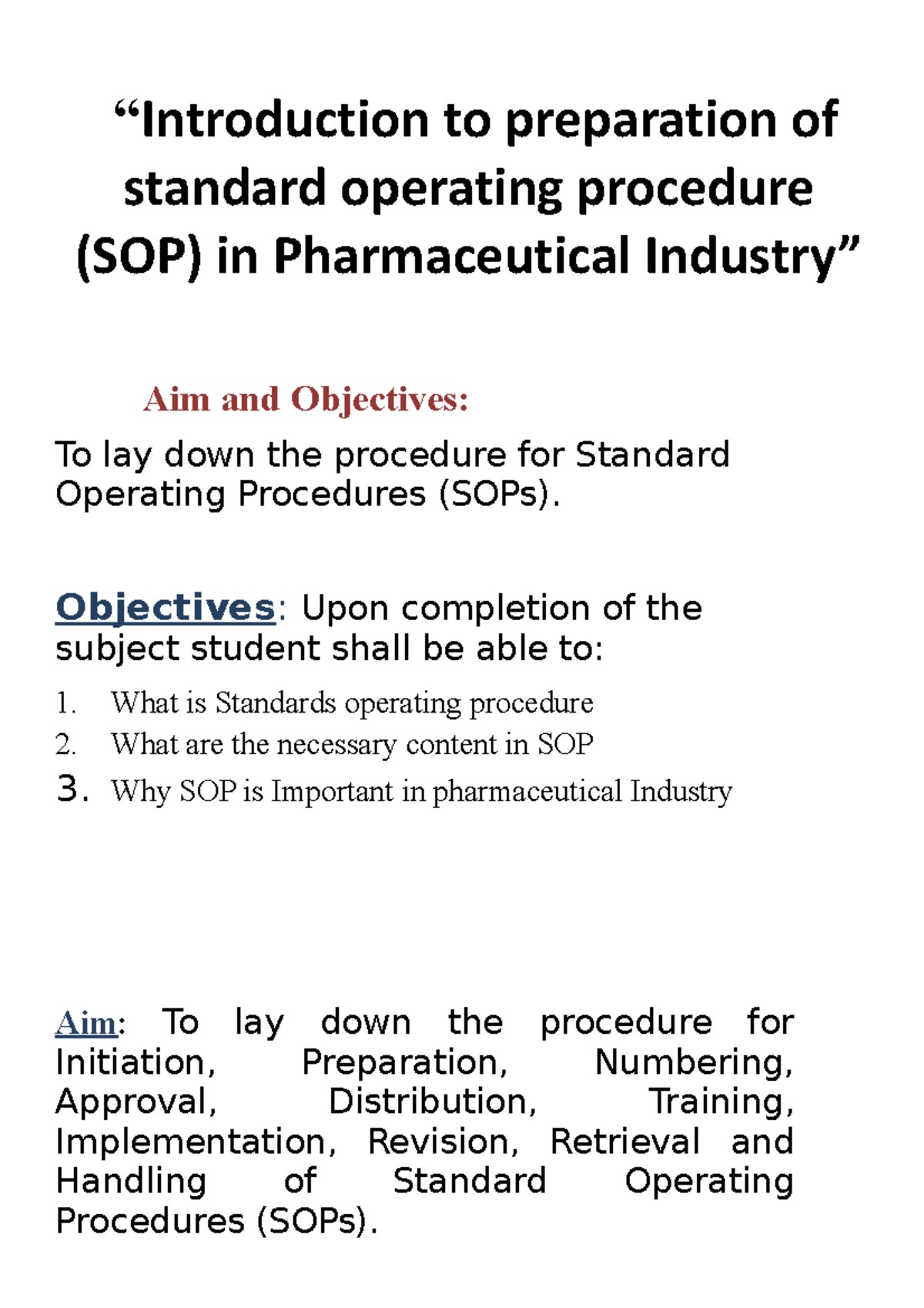 SOP - Standard operating procedures - “Introduction to preparation of ...