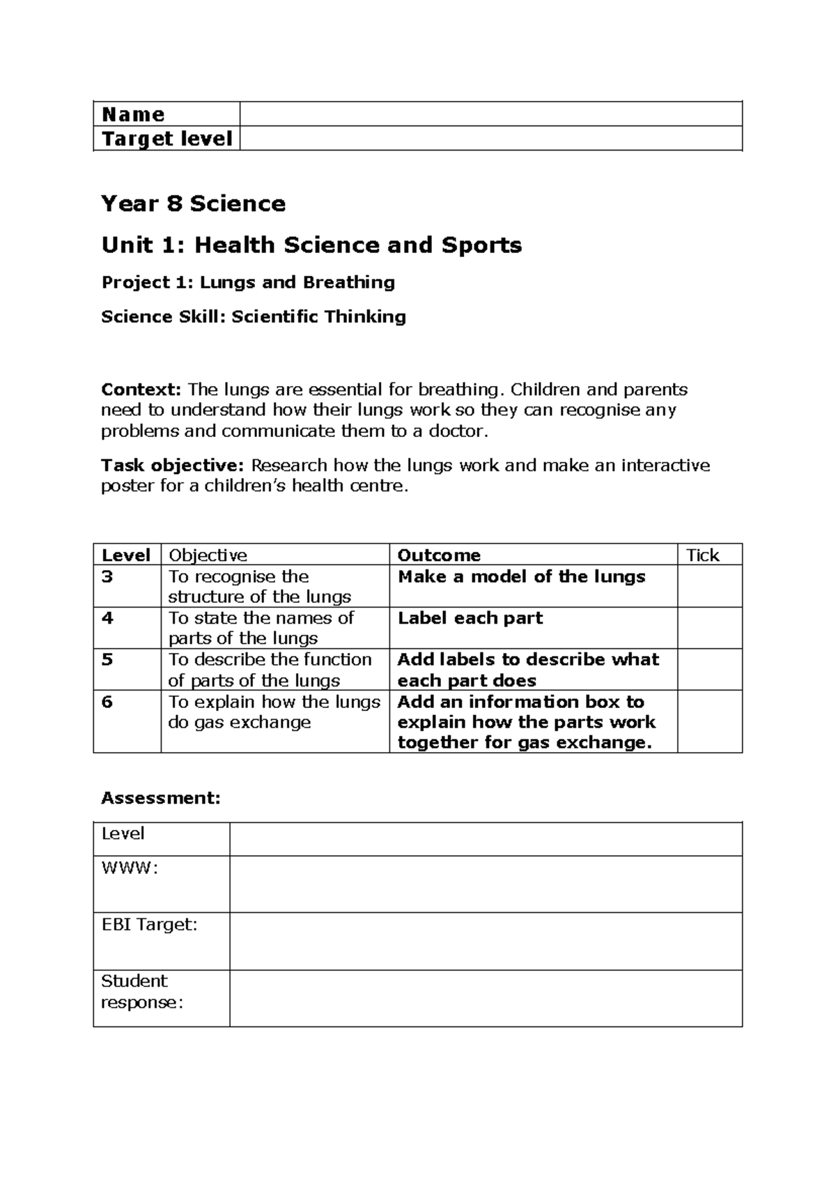 1 - wqfqwfqfqfq - Name Target level Year 8 Science Unit 1: Health ...