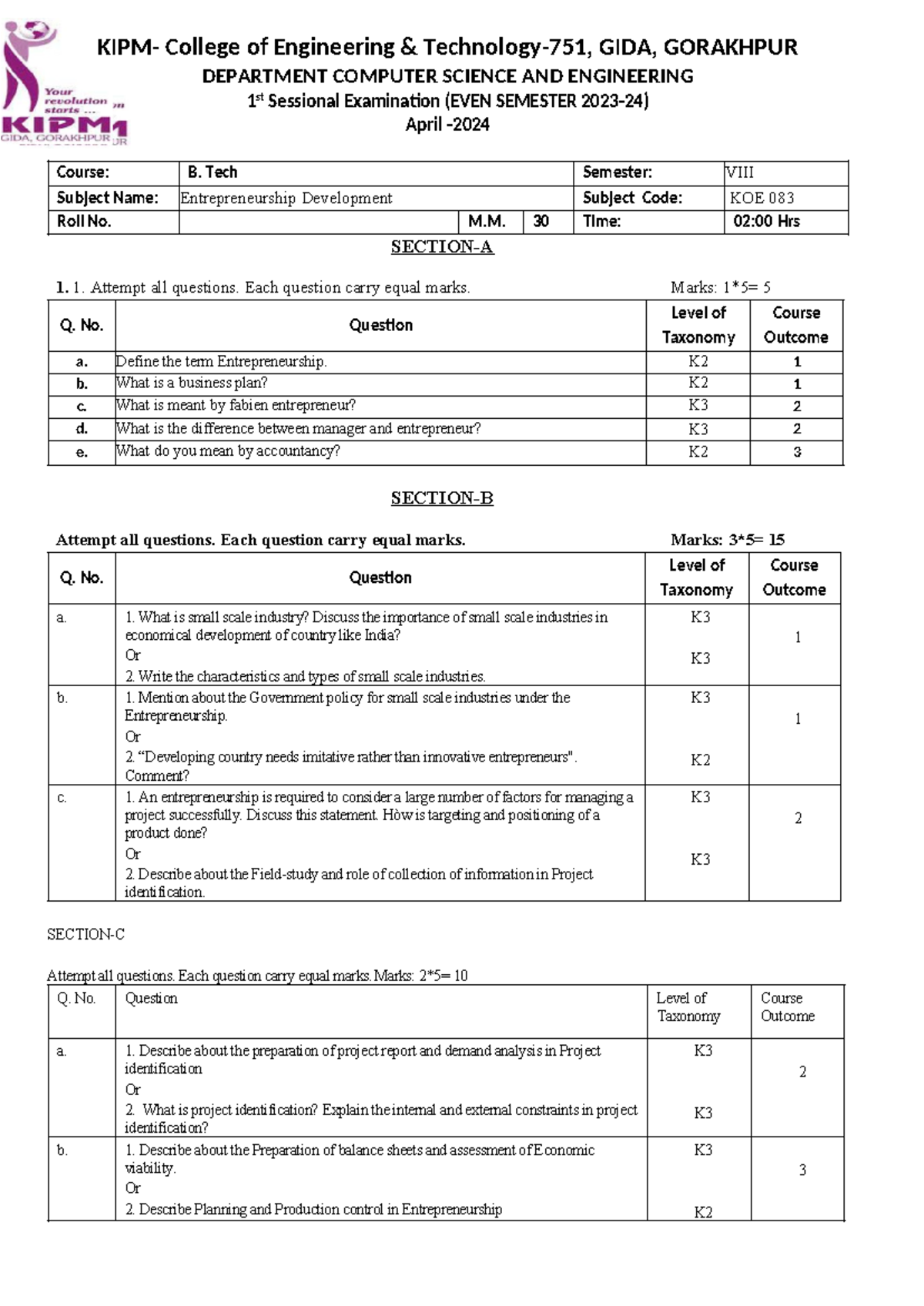 ED 1st sessional - dgdsgsdgdsggg - KIPM- College of Engineering ...