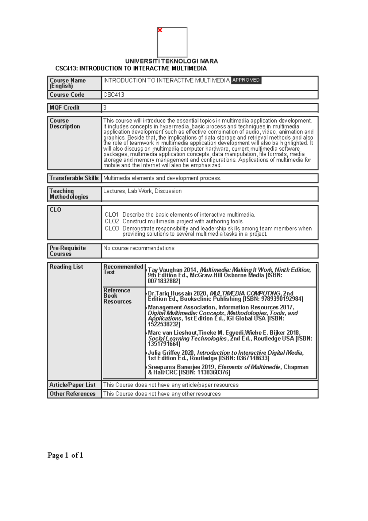 Course Introduction TO Interactive Multimedia - UNIVERSITI TEKNOLOGI MARA CSC413: INTRODUCTION ...