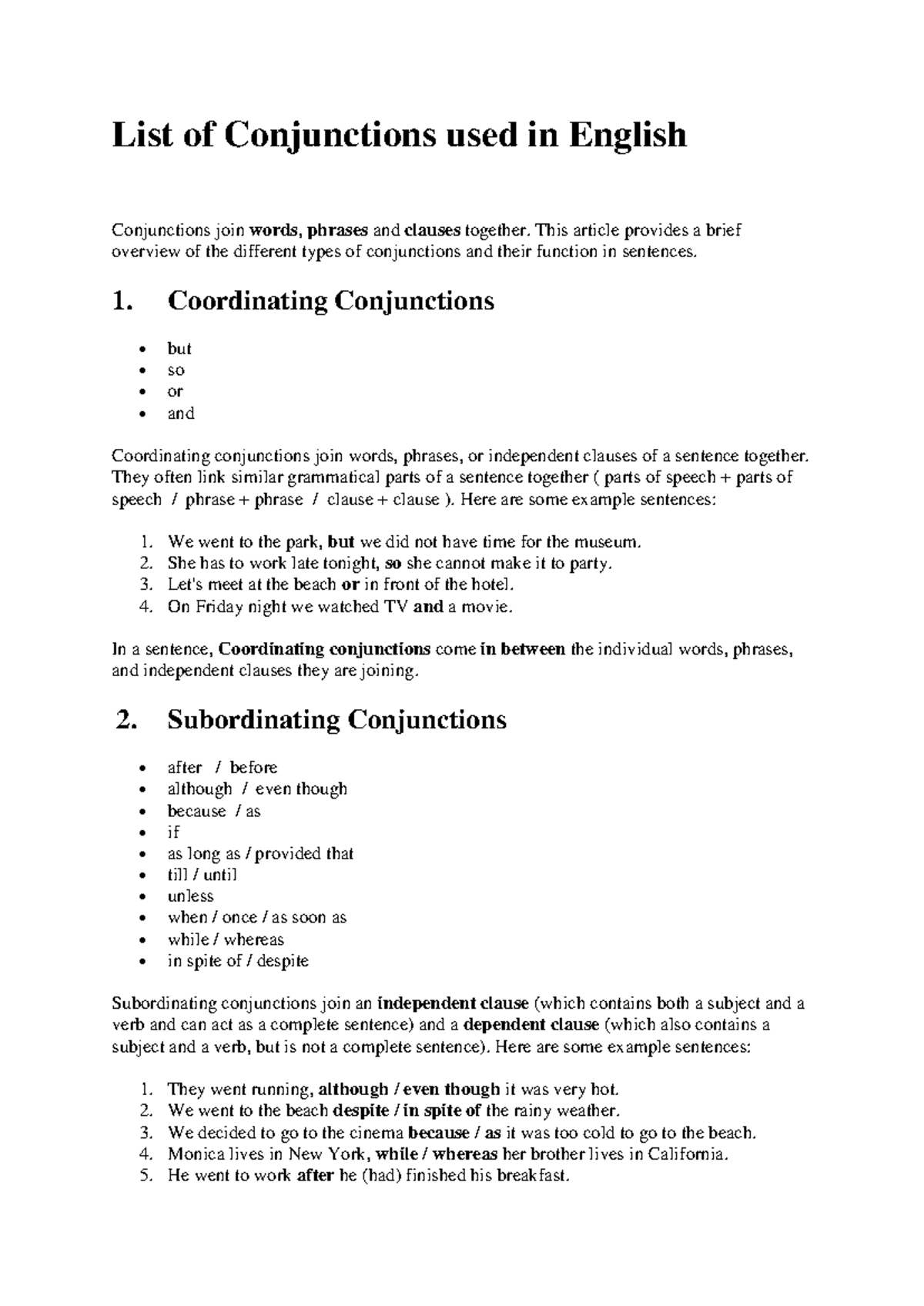 Conjunctions 2 - notes - List of Conjunctions used in English ...