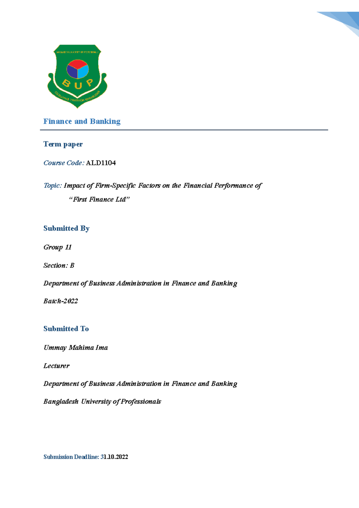 Finance TERM Paper Draft - Finance and Banking Term paper Course Code ...