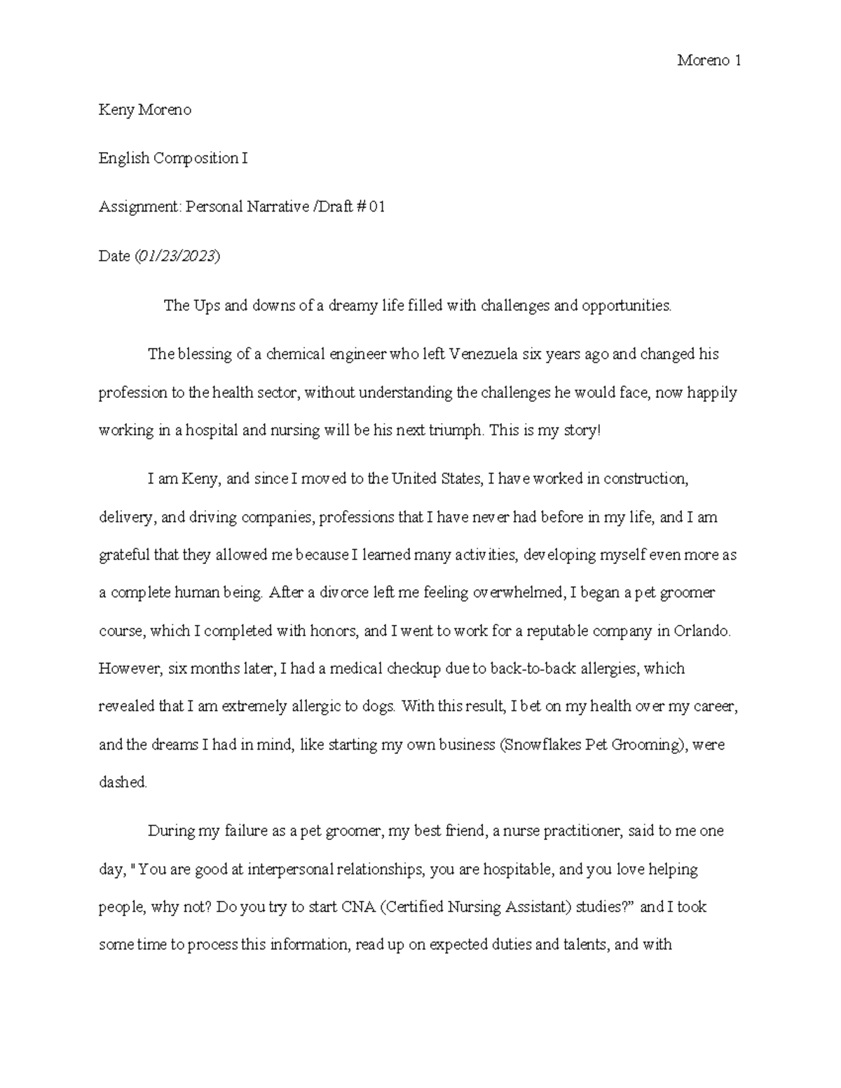 English Composition I Personal Narrative Keny Moreno - Moreno 1 Keny ...