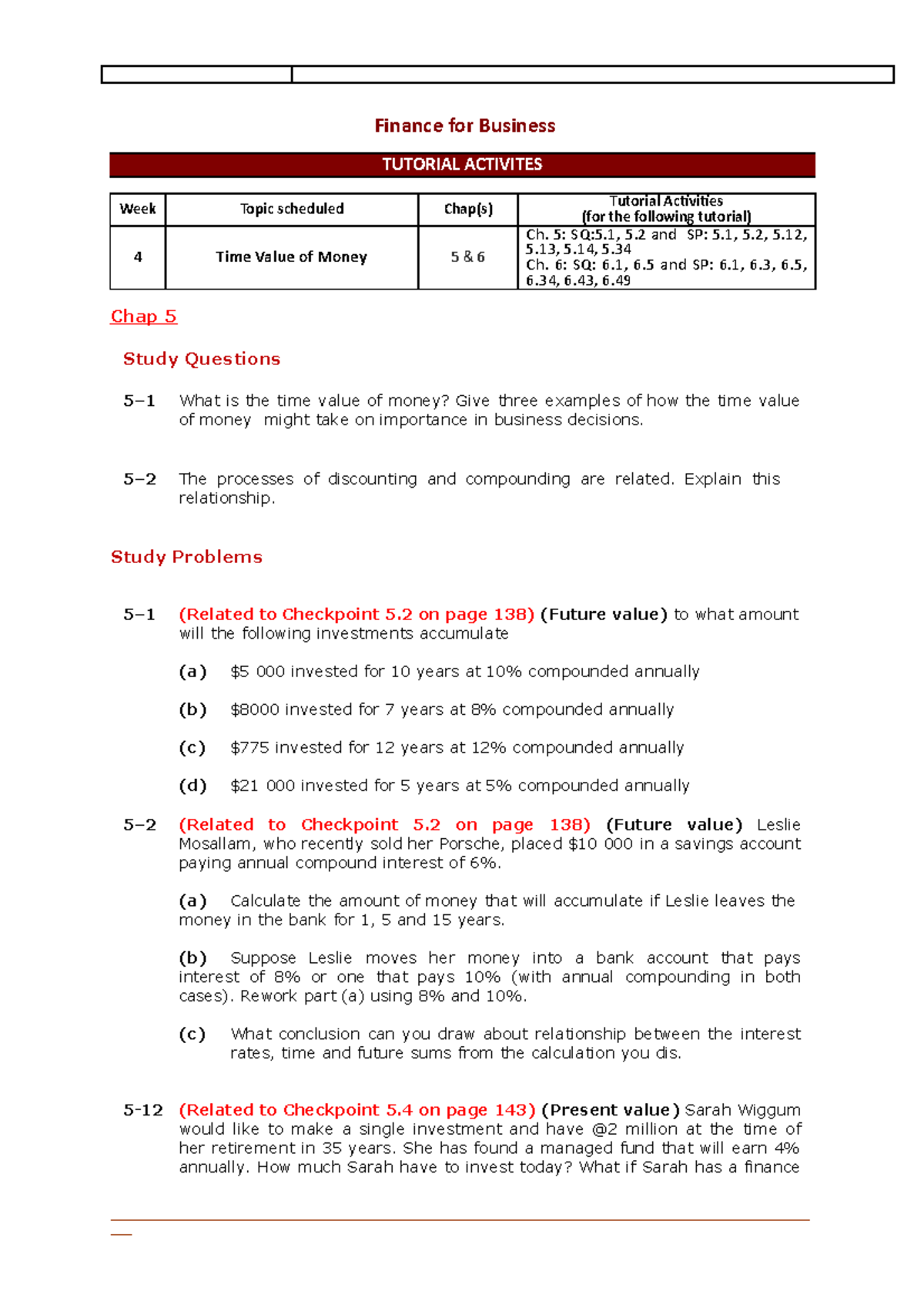 Tutorial 3- Questions - Lecture notes 3 - Finance for Business TUTORIAL ...