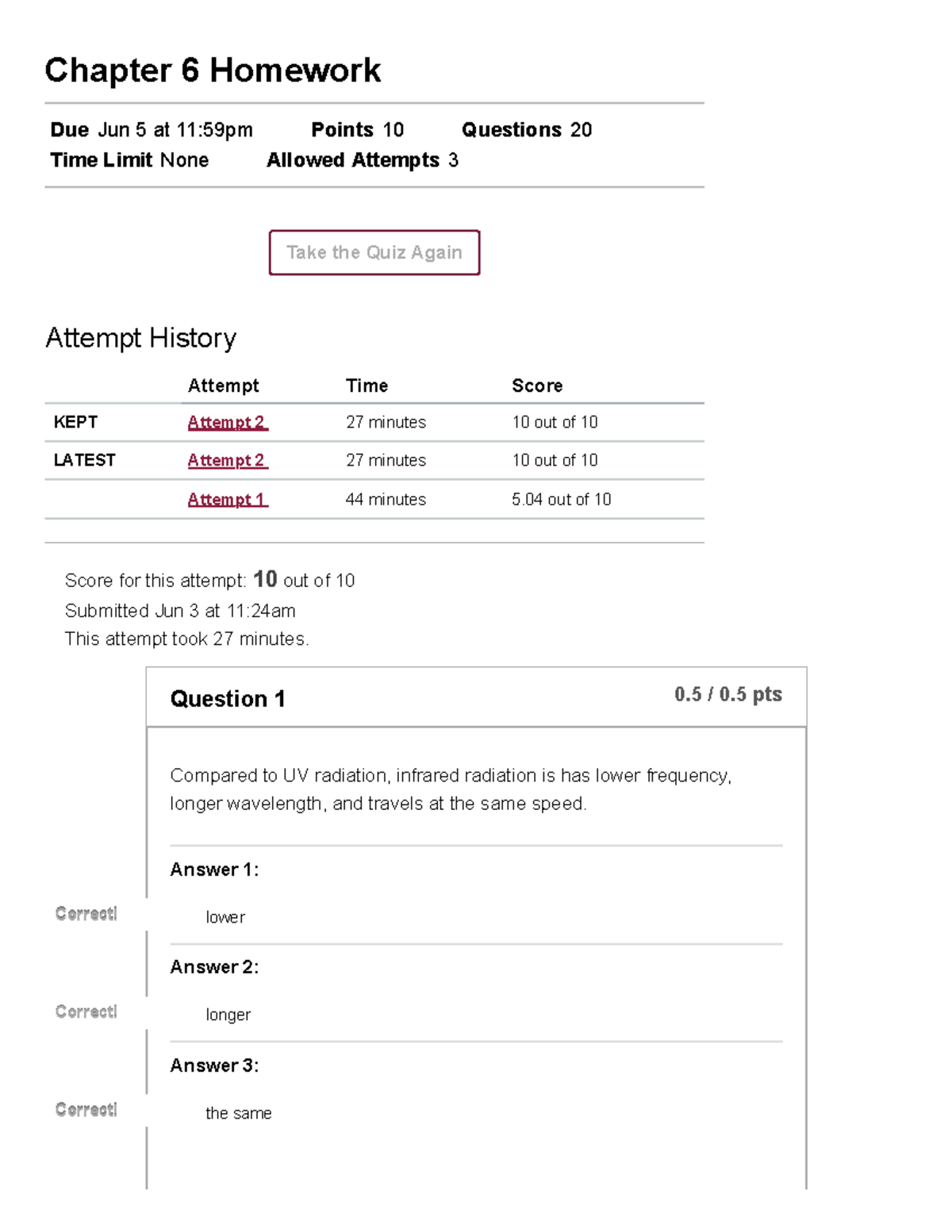 chapter 6 homework - Chapter 6 Homework Due Jun 5 at 11:59pm Points 10 Questions 20 Time Limit ...