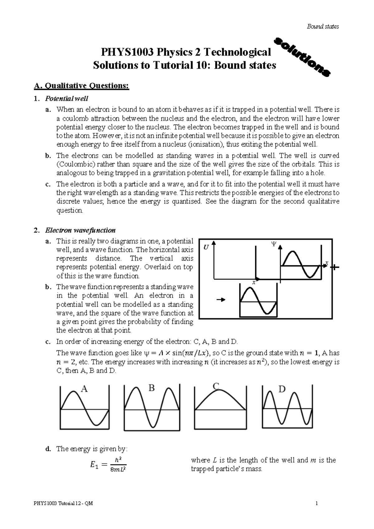 phys1003 tutorial ans week 11 - Bound states PHYS 1003 Tutorial 12 - QM ...
