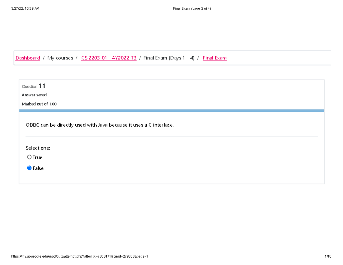 Final Exam (page 2 of 4) - Question 11 Answer saved Marked out of 1 ...