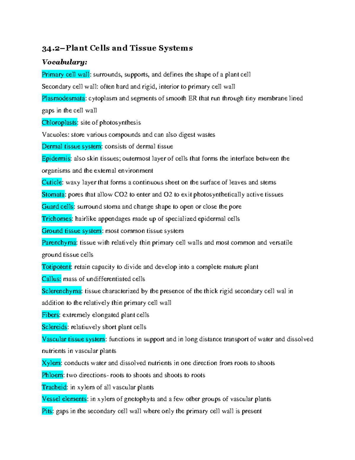 Unit2Biology 34.2 - 34–Plant Cells and Tissue Systems Vocabulary ...