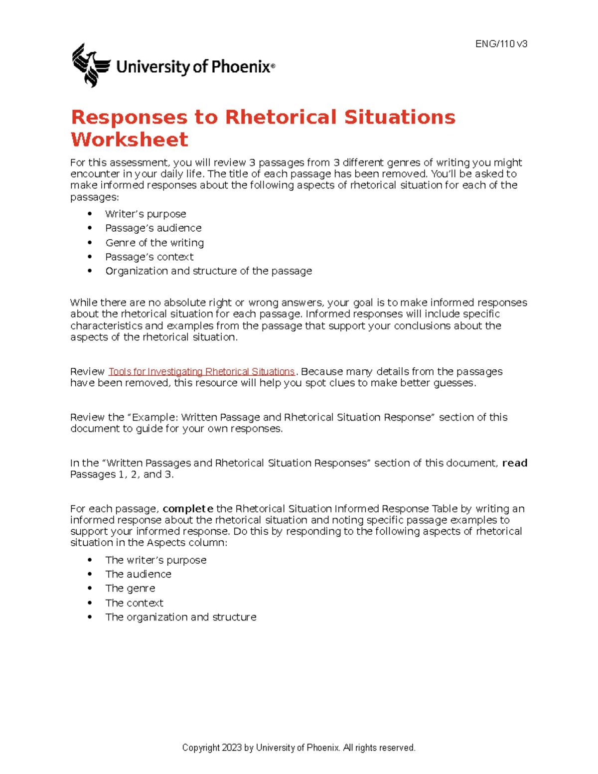 Eng110 v3 wk2 responses to rhetorical situations worksheet - ENG/110 v Responses to Rhetorical ...