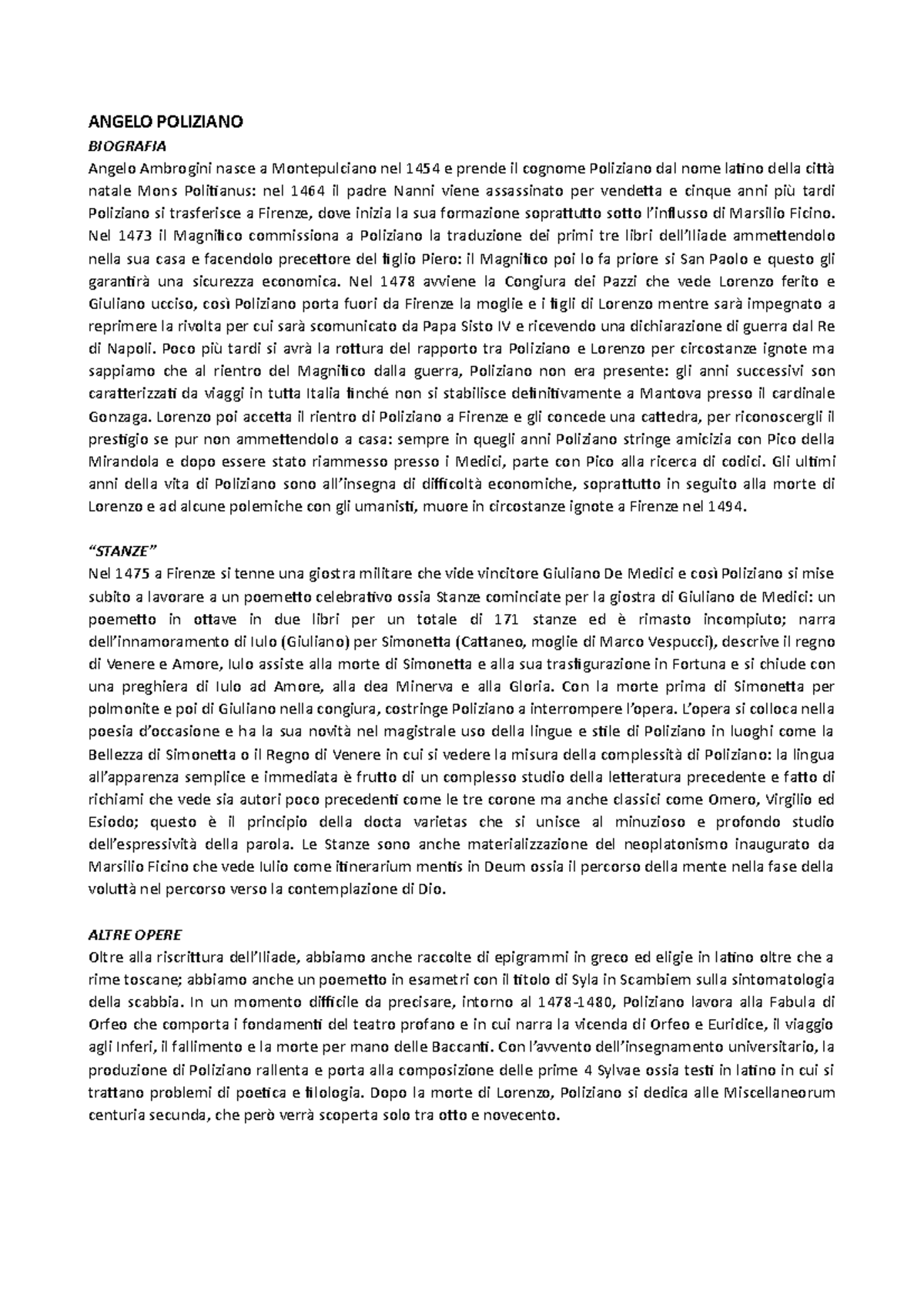 Angelo Poliziano - Riassunto - ANGELO POLIZIANO BIOGRAFIA Angelo ...