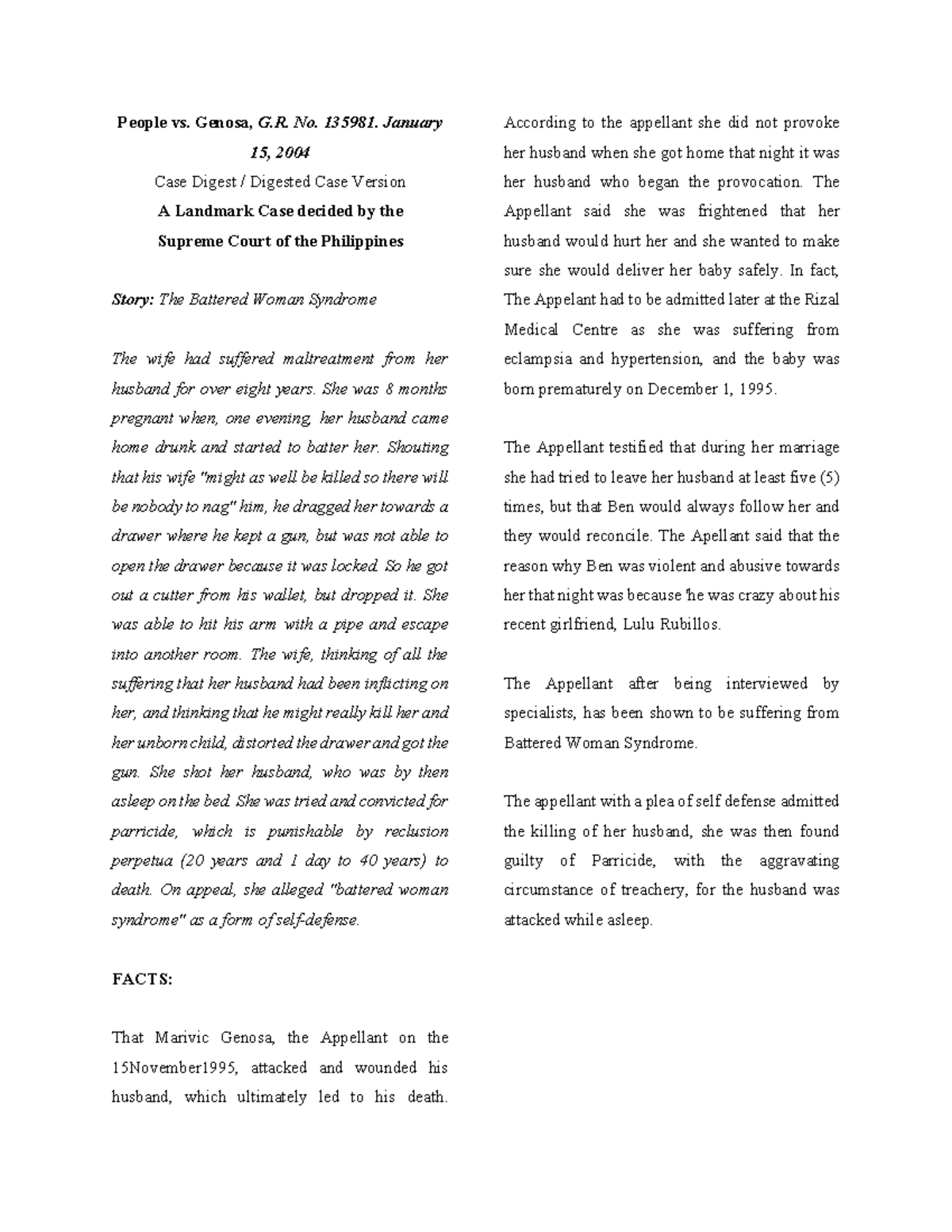 Part-5-Digest - gensen law - People vs. Genosa, G. No. 135981. January ...