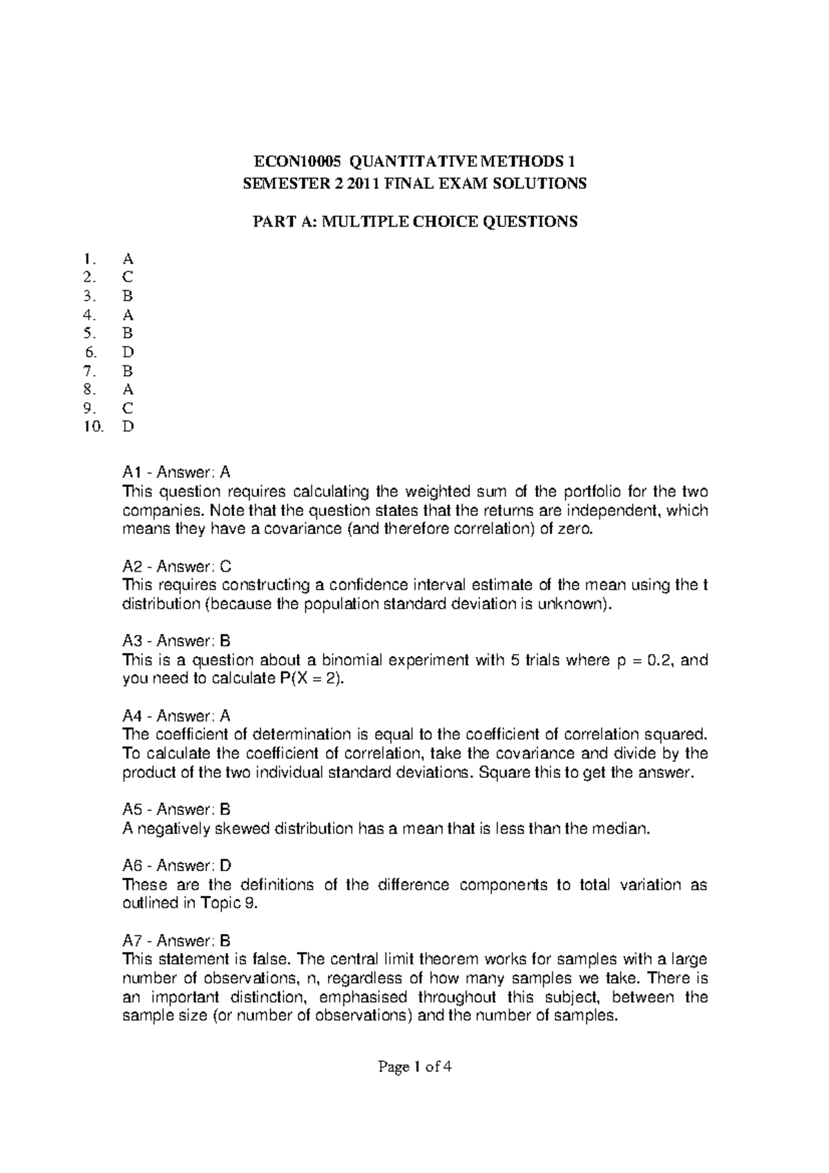 ECON10005 2011 S2 Exam Solutions - ECON10005 QUANTITATIVE METHODS 1 SEMESTER 2 2011 FINAL EXAM ...