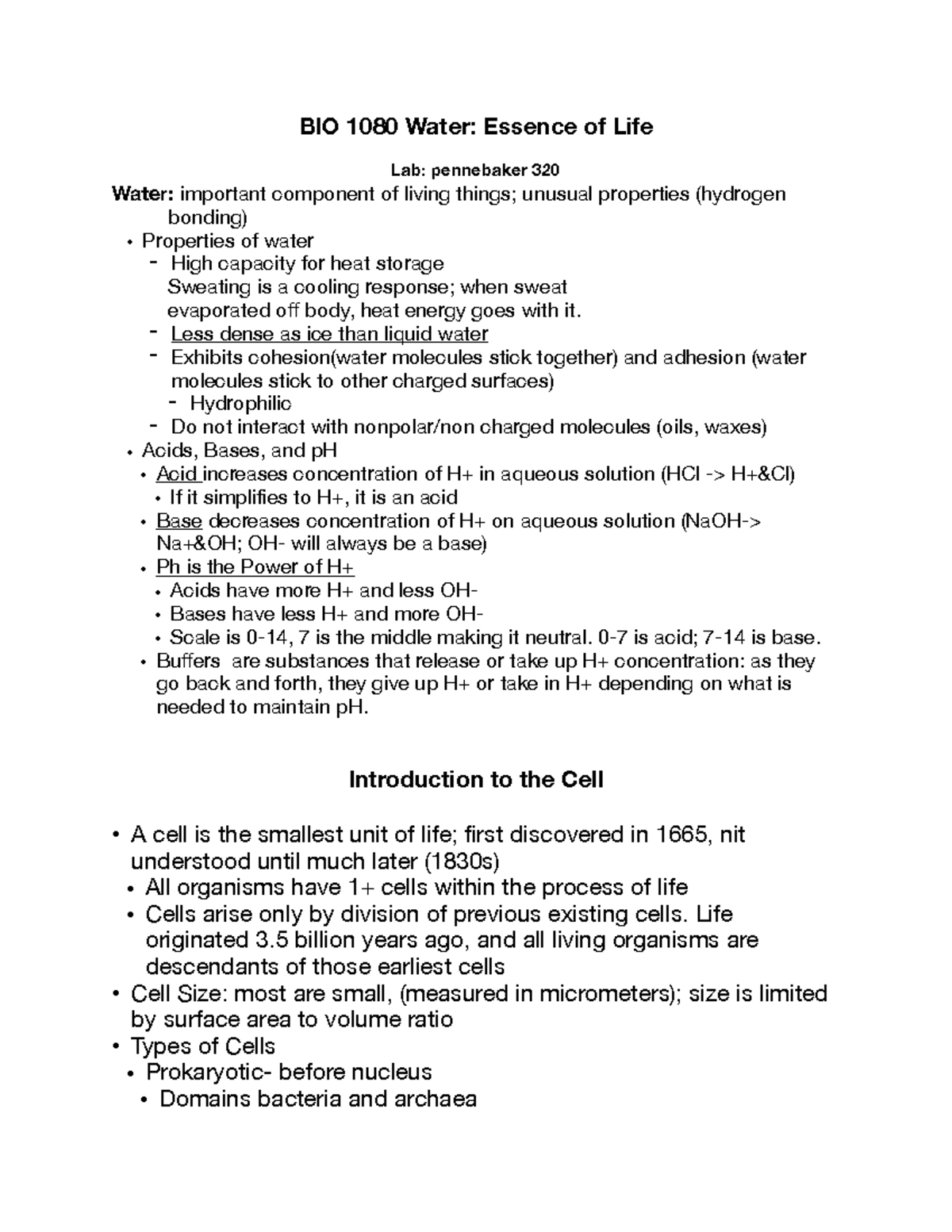 Biology 1080 Notes - BIO 1080 Water: Essence of Life Lab: pennebaker ...