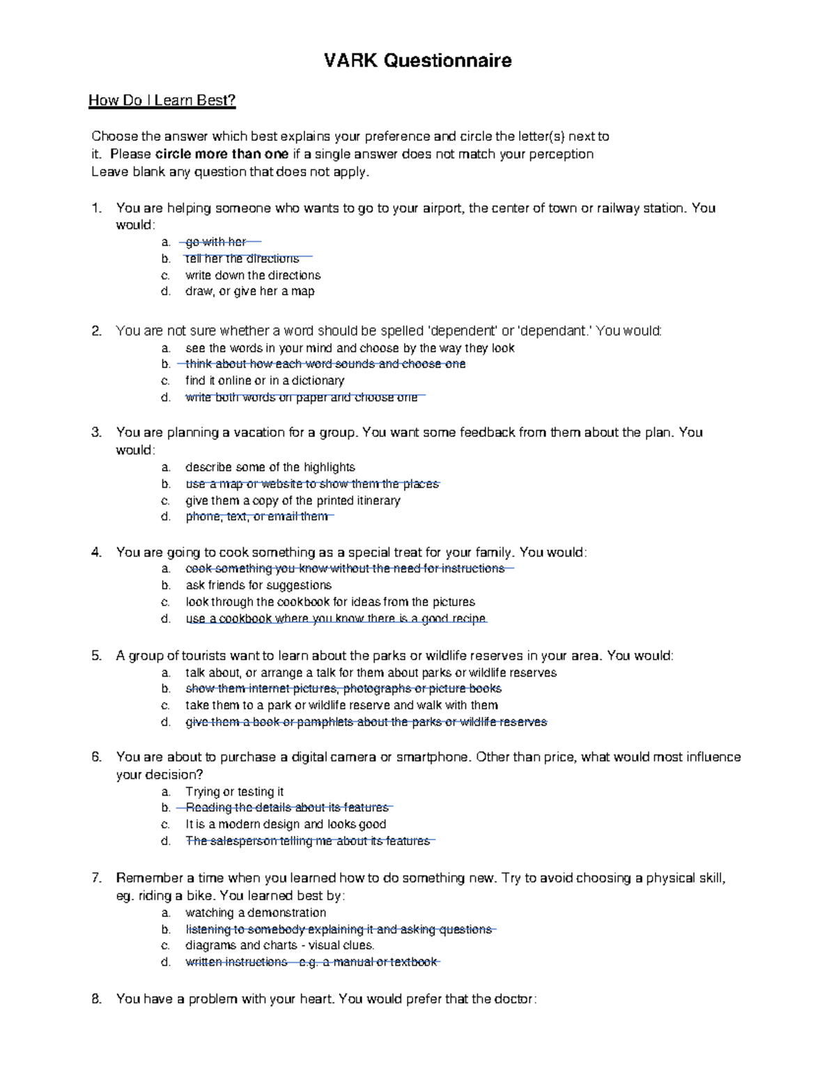 Holyver H - WWAAGAWWHA - VARK Questionnaire How Do I Learn Best? Choose ...